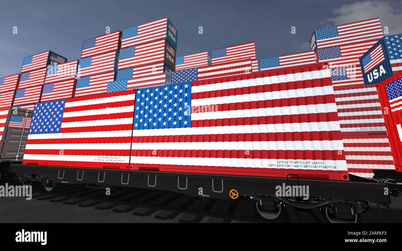 USA export production and import containers on a freight wagons ...