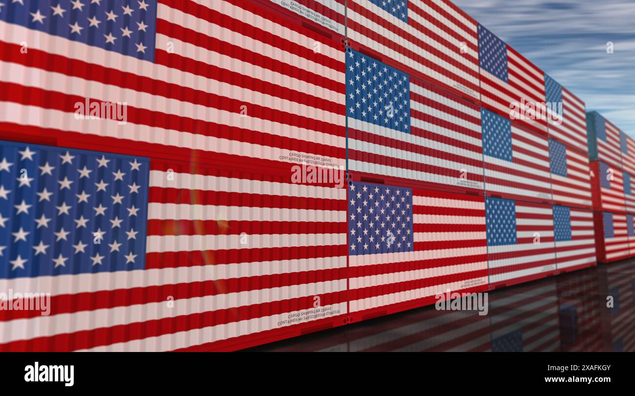 USA export production and import cargo containers in row business ...