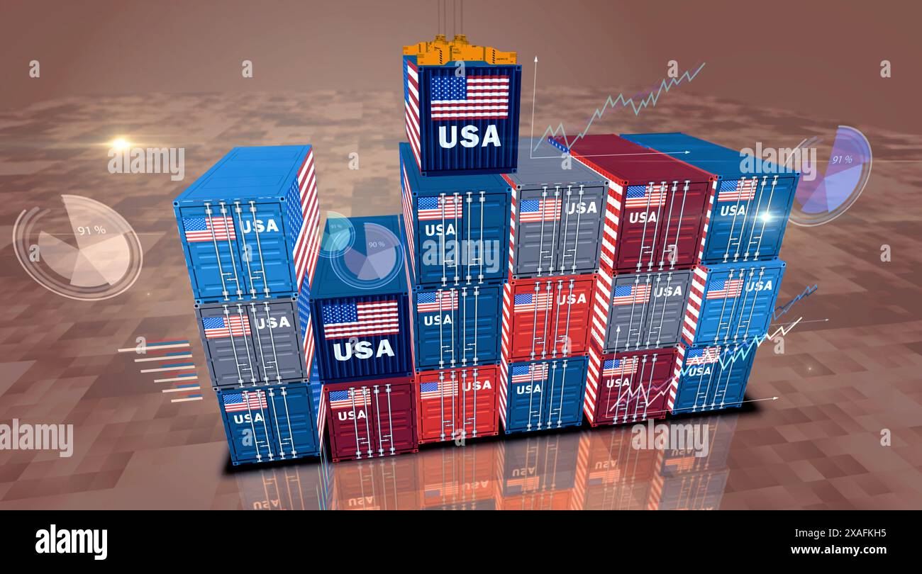 USA export production and import cargo containers on charts and ...