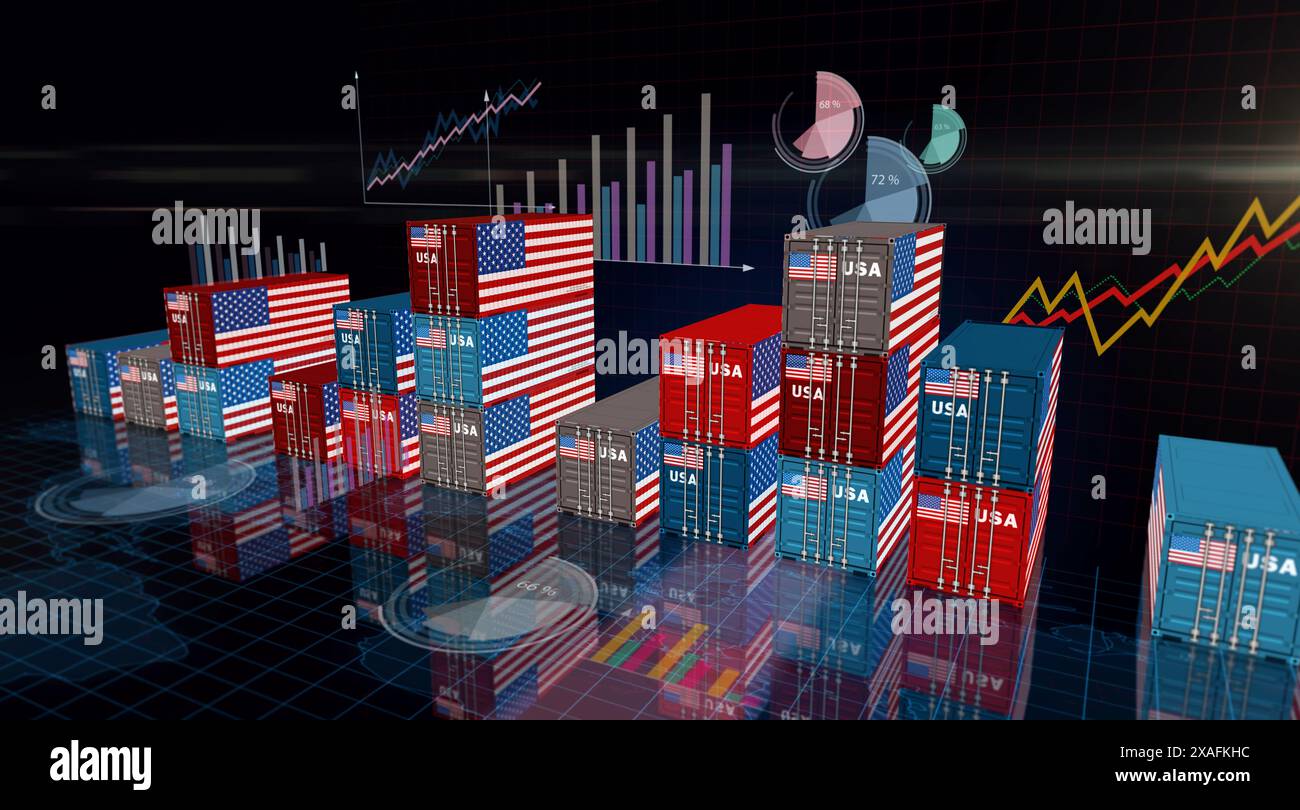 USA export production and import cargo containers on charts and ...