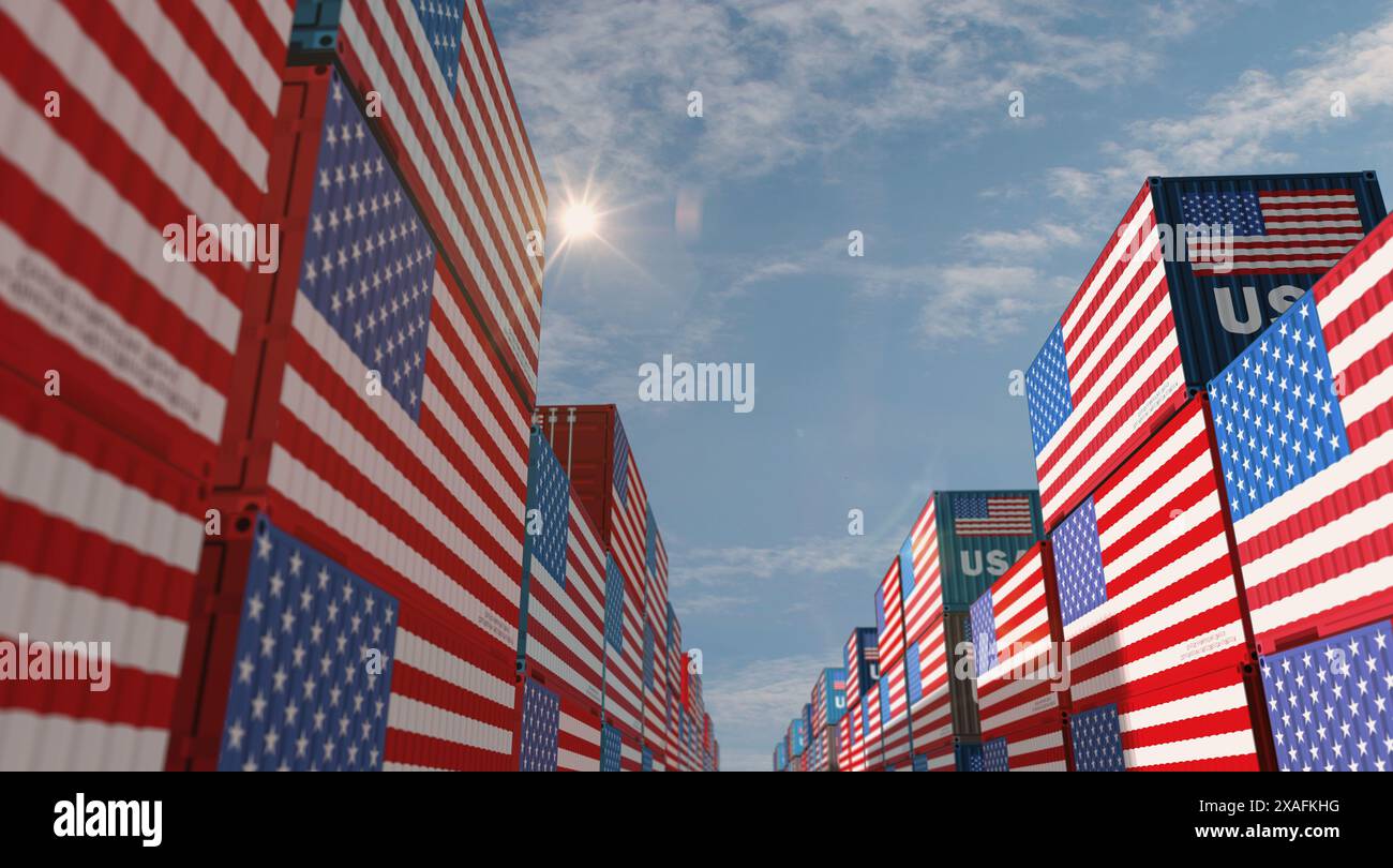 USA export production and import cargo containers in row business ...