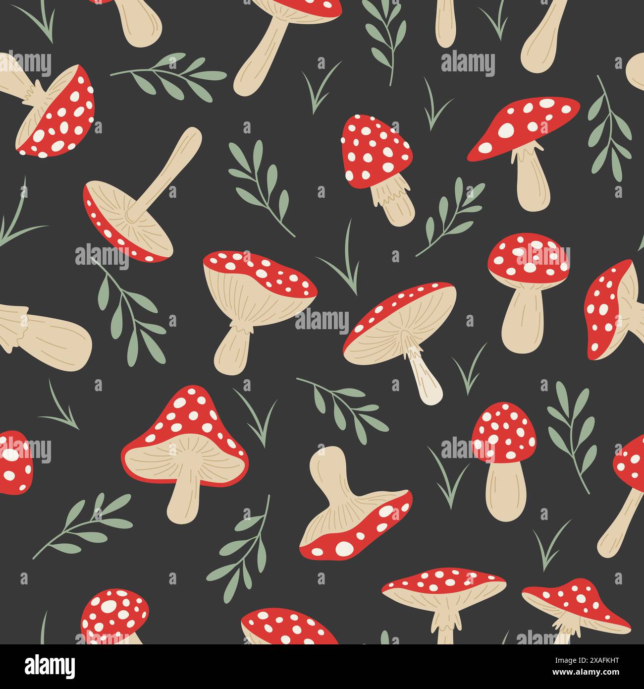 Vector Seamless Pattern With Hand Drawn Cartoon Fly Agaric Mushrooms