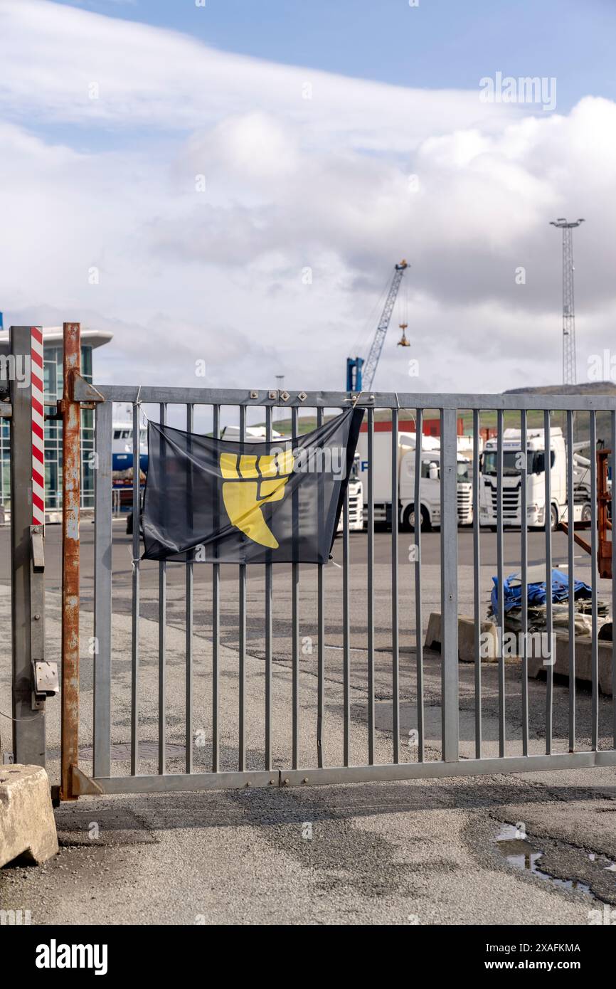 Strike flags at the harbor in Torshavn on Thursday, June 6, 2024. Since ...