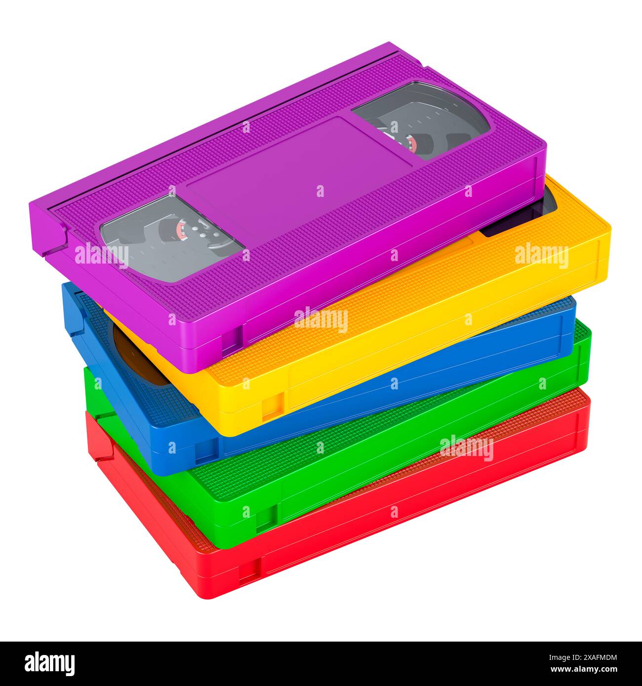 Stack of colored VHS videotapes, 3D rendering isolated on white ...