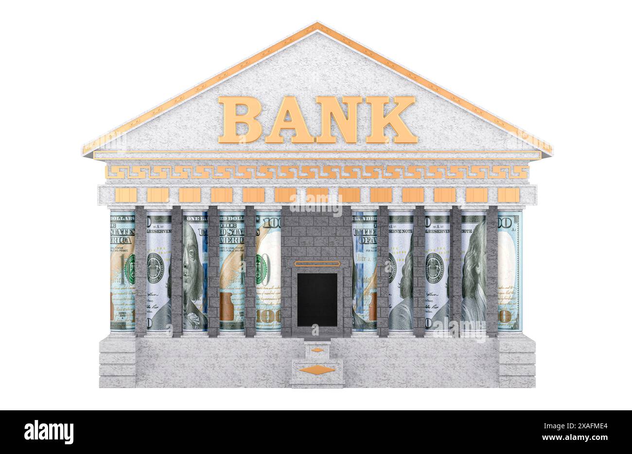 Bank building, with dollar banknotes instead of columns. 3D rendering ...