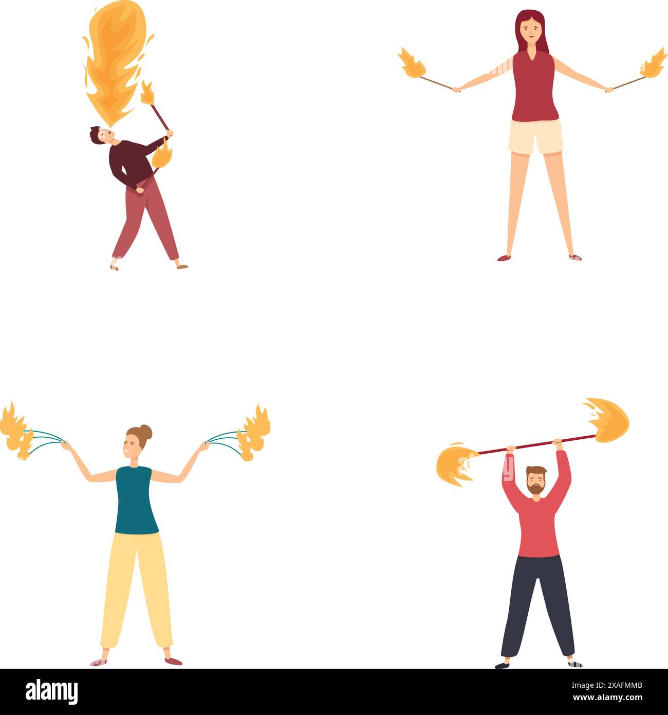 Vector collection of four individuals showcasing fire juggling and ...