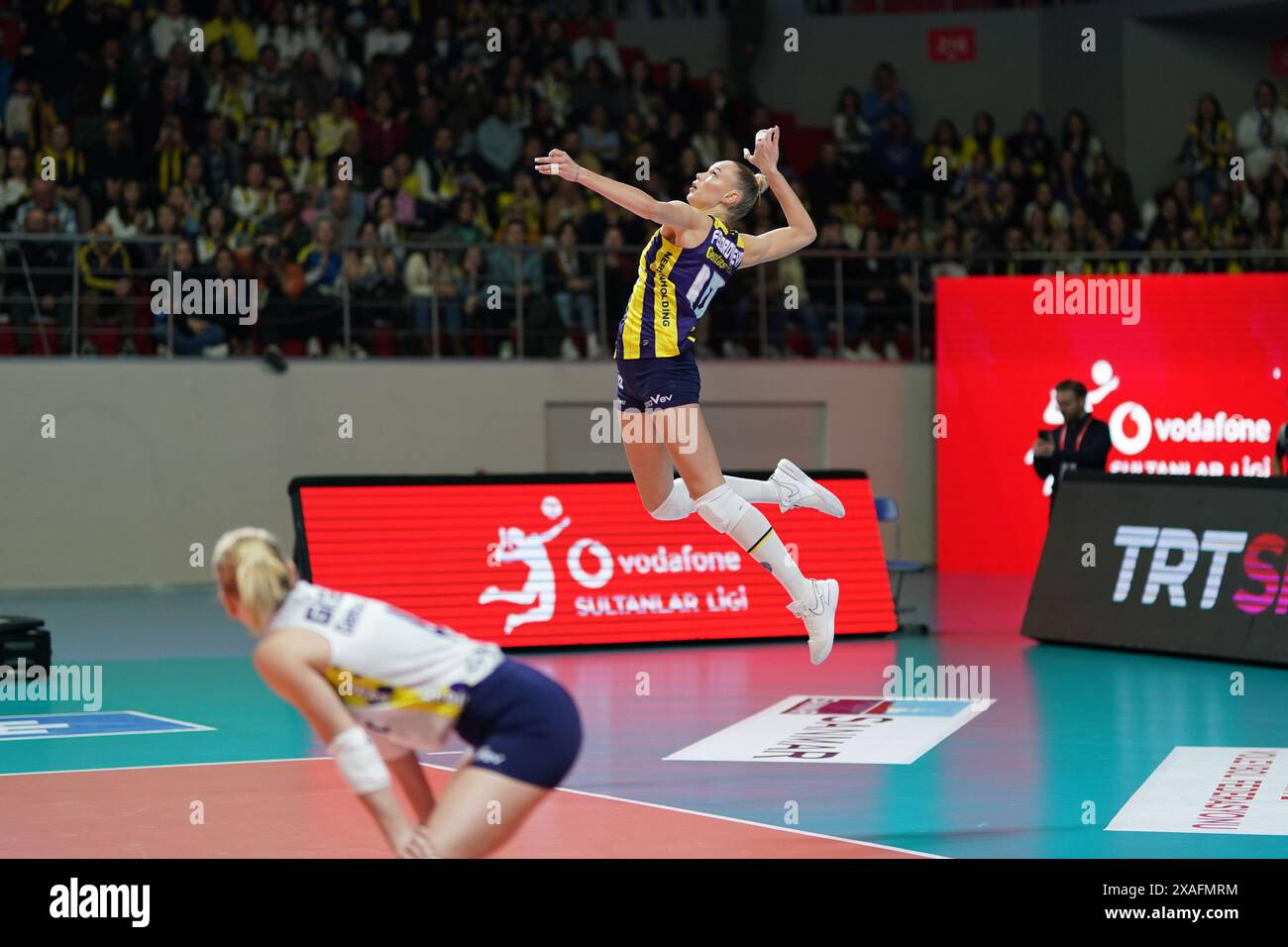 ISTANBUL, TURKIYE - FEBRUARY 04, 2024: Arina Fedorovtseva serves during ...