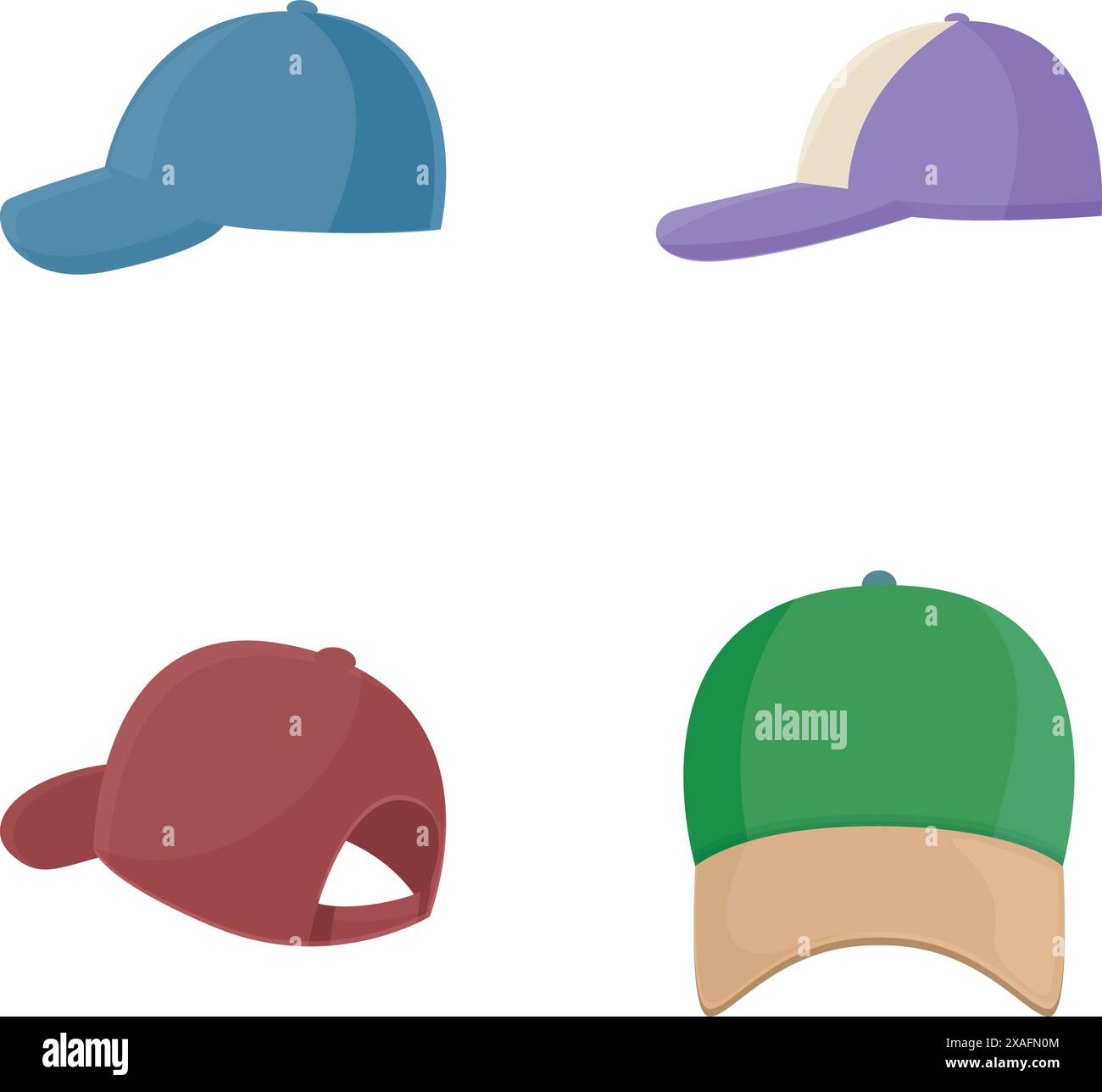 Set of various colored baseball caps in a flat design, isolated on ...