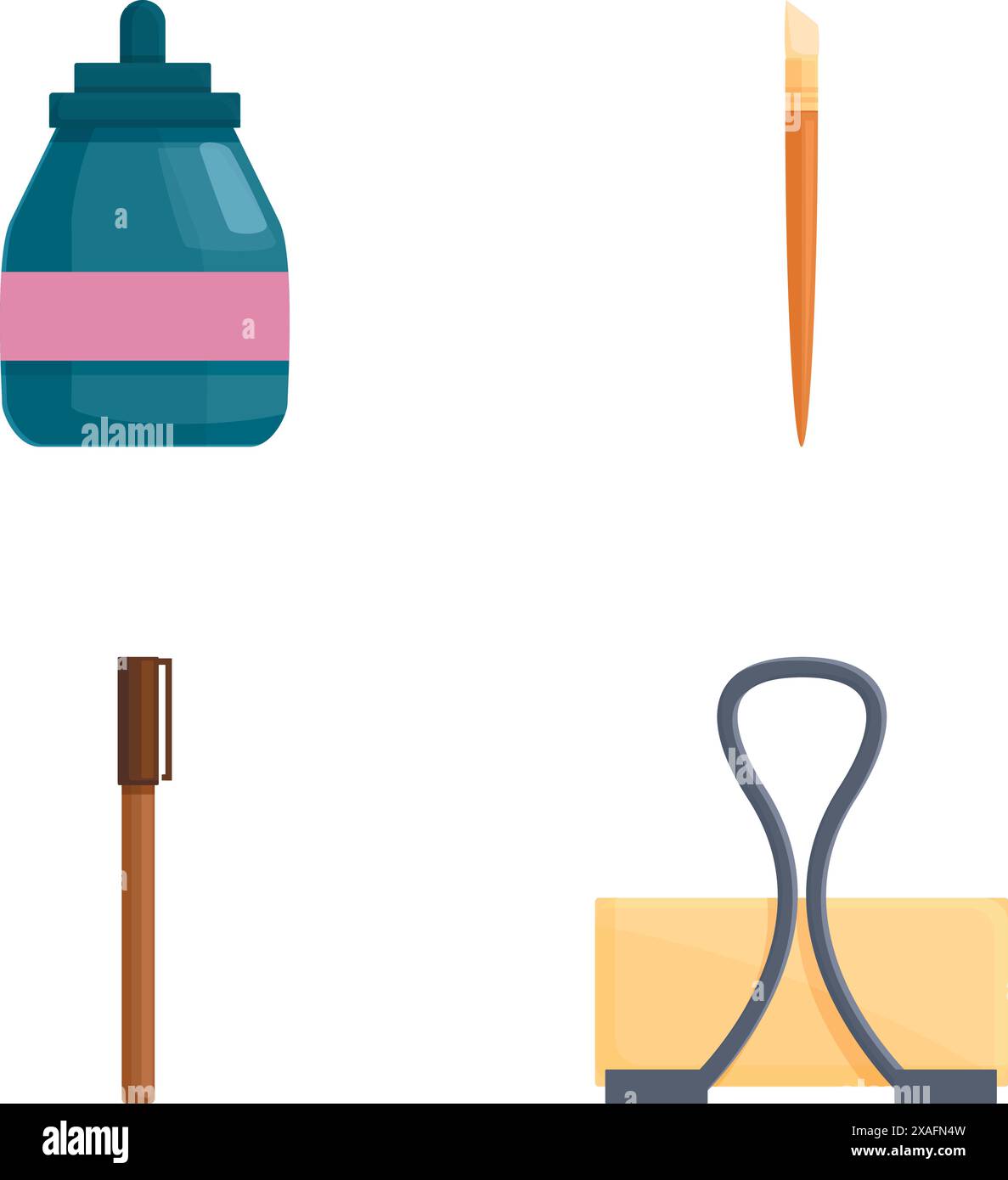 Set of art supply icons featuring an ink bottle, paintbrush, chisel ...