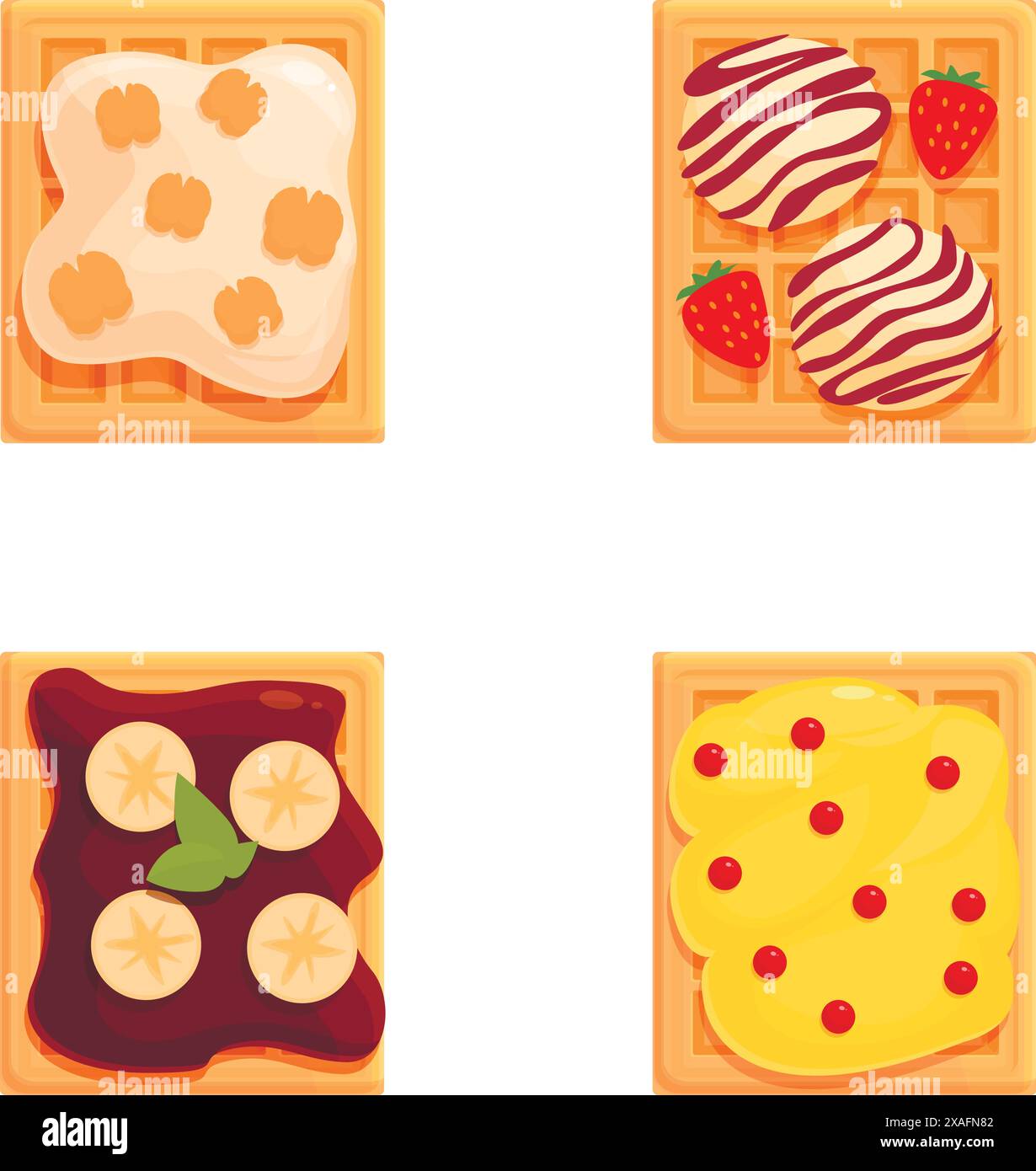 Collection of belgian waffles with various sweet toppings, isolated on ...