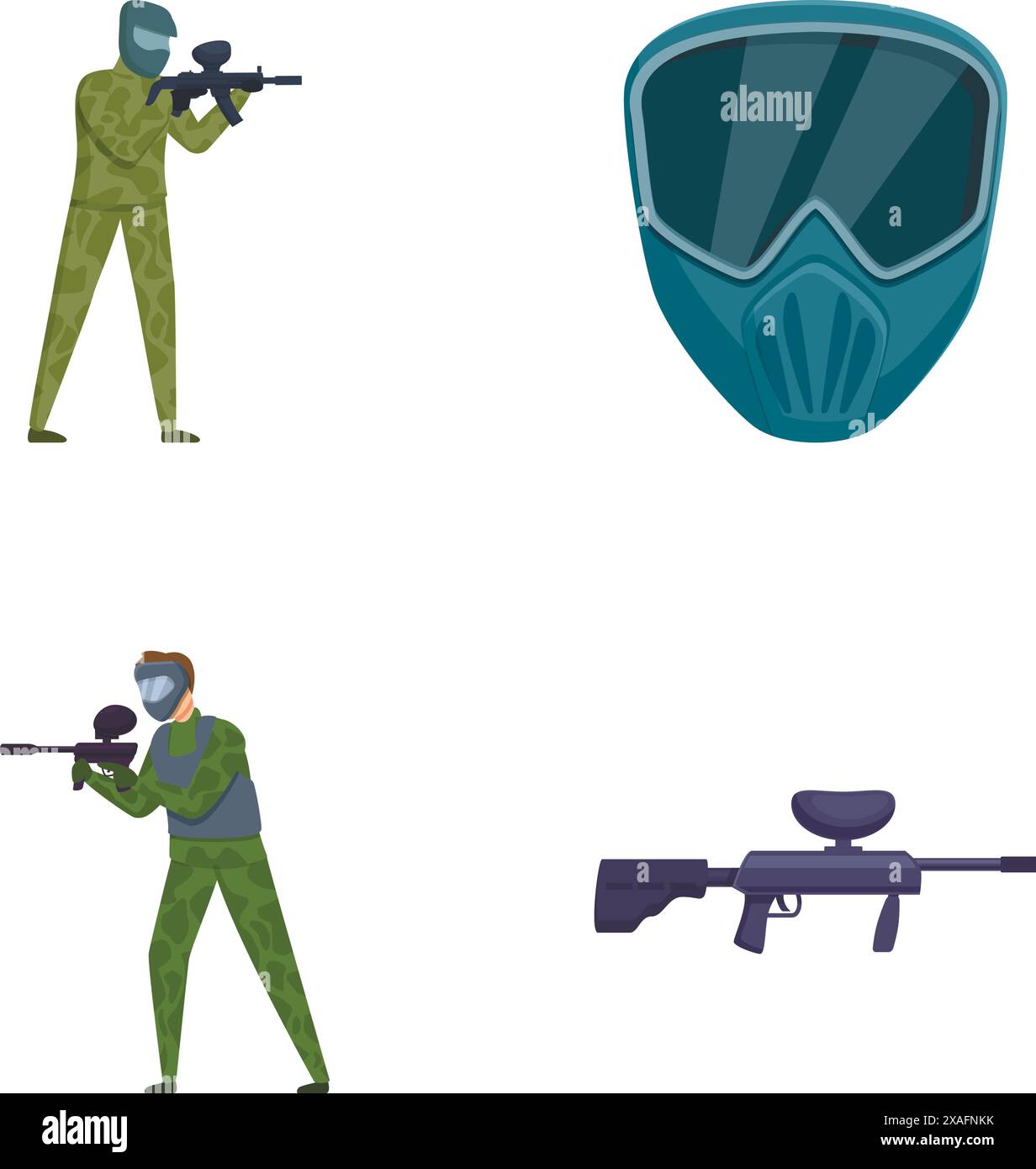 Vector illustrations of a sniper character in camouflage with tactical gear including face mask ...