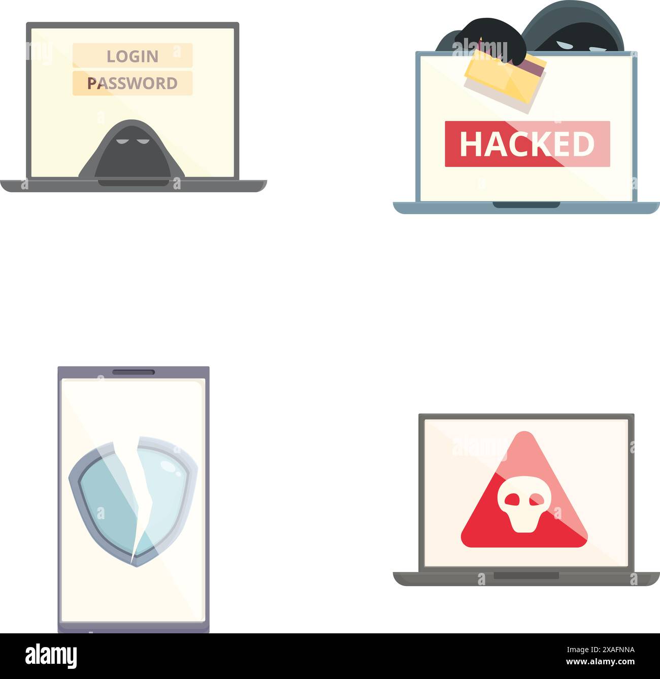 Collection Of Four Flat Design Icons Showing Cybersecurity Concepts Including Hacking And Data