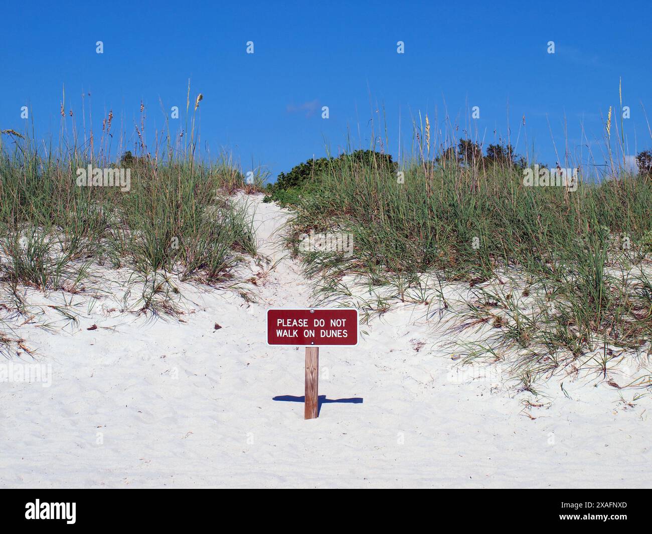 Sand dunes with warning sign. Environmental protection. Wide shot Stock ...