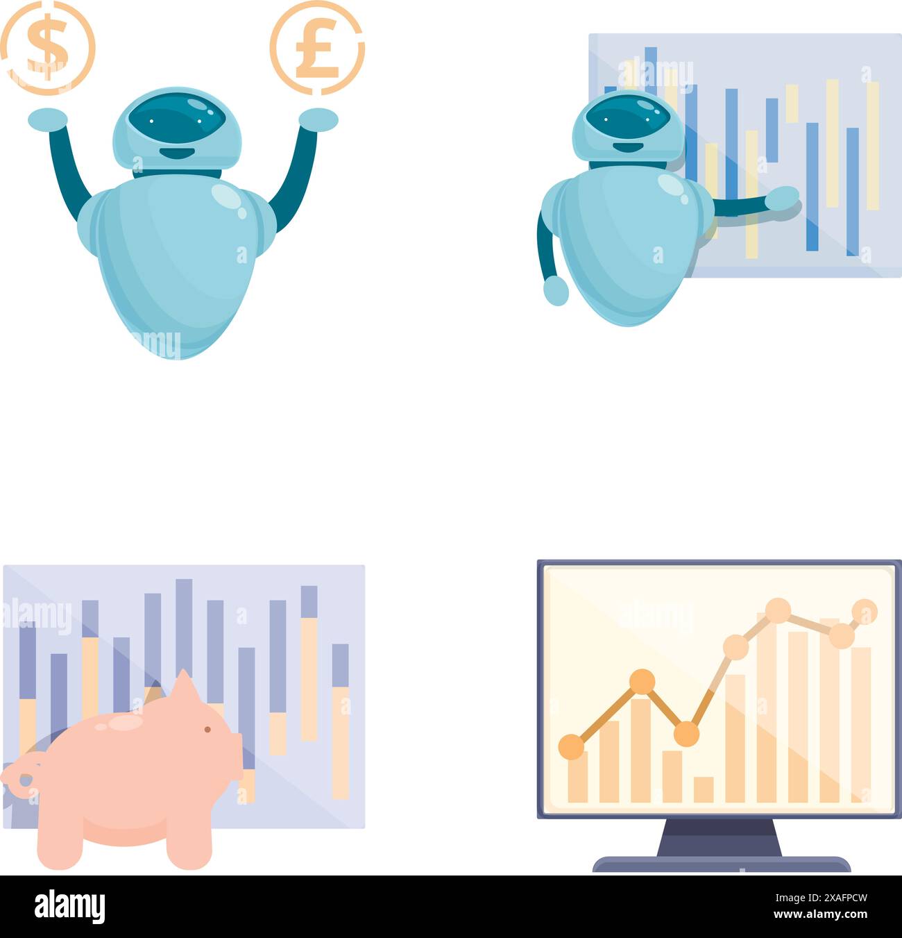 Illustrations of a robot analyzing finance with currency symbols and ...