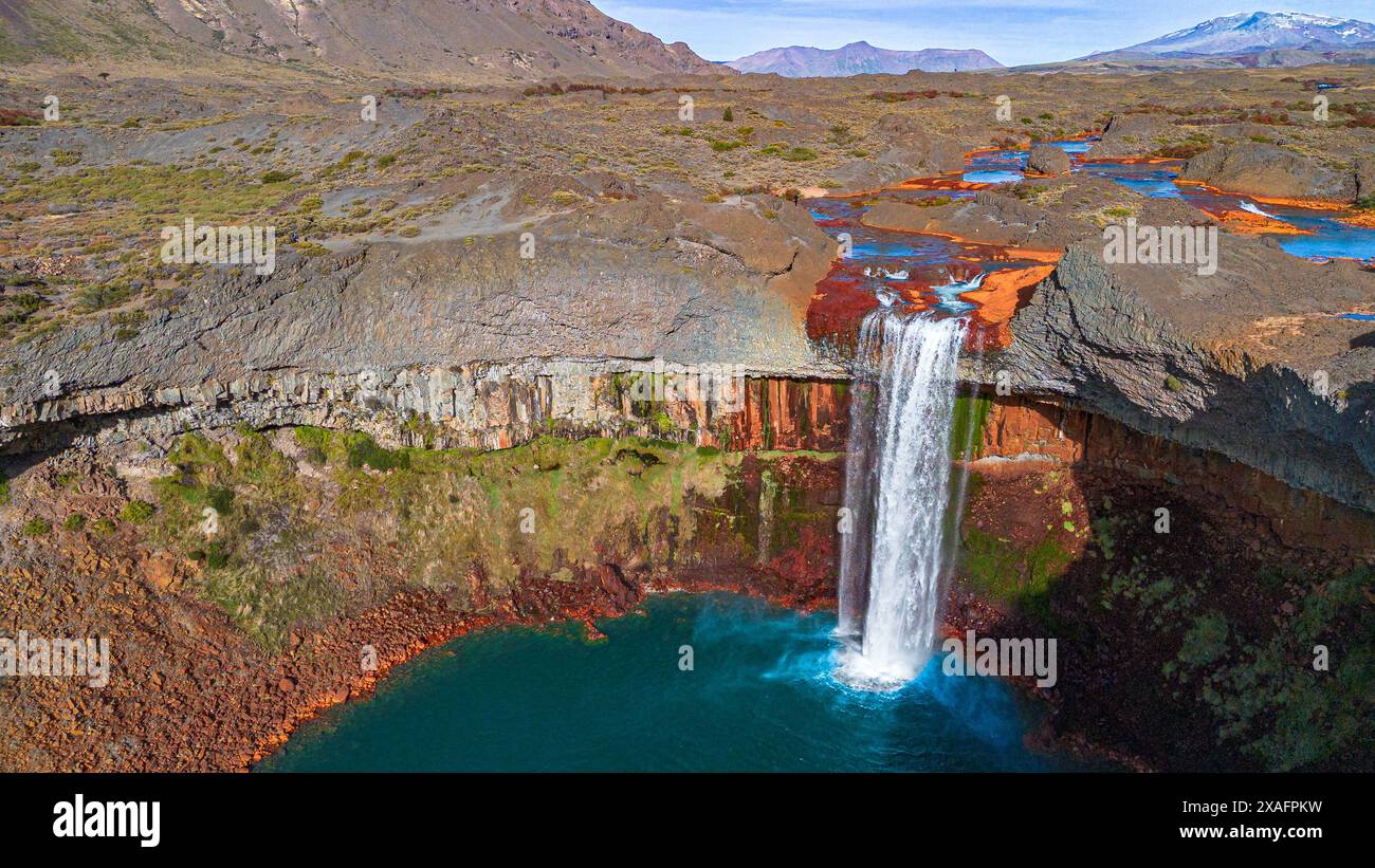 Aerial view of Salto del Agrio, imposing waterfall over the Agrio River ...