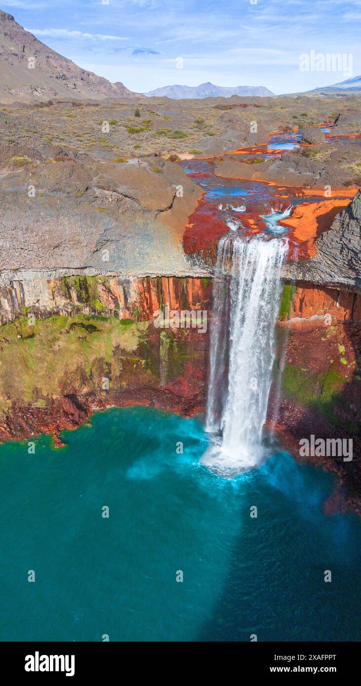 Aerial view of Salto del Agrio, imposing waterfall over the Agrio River ...