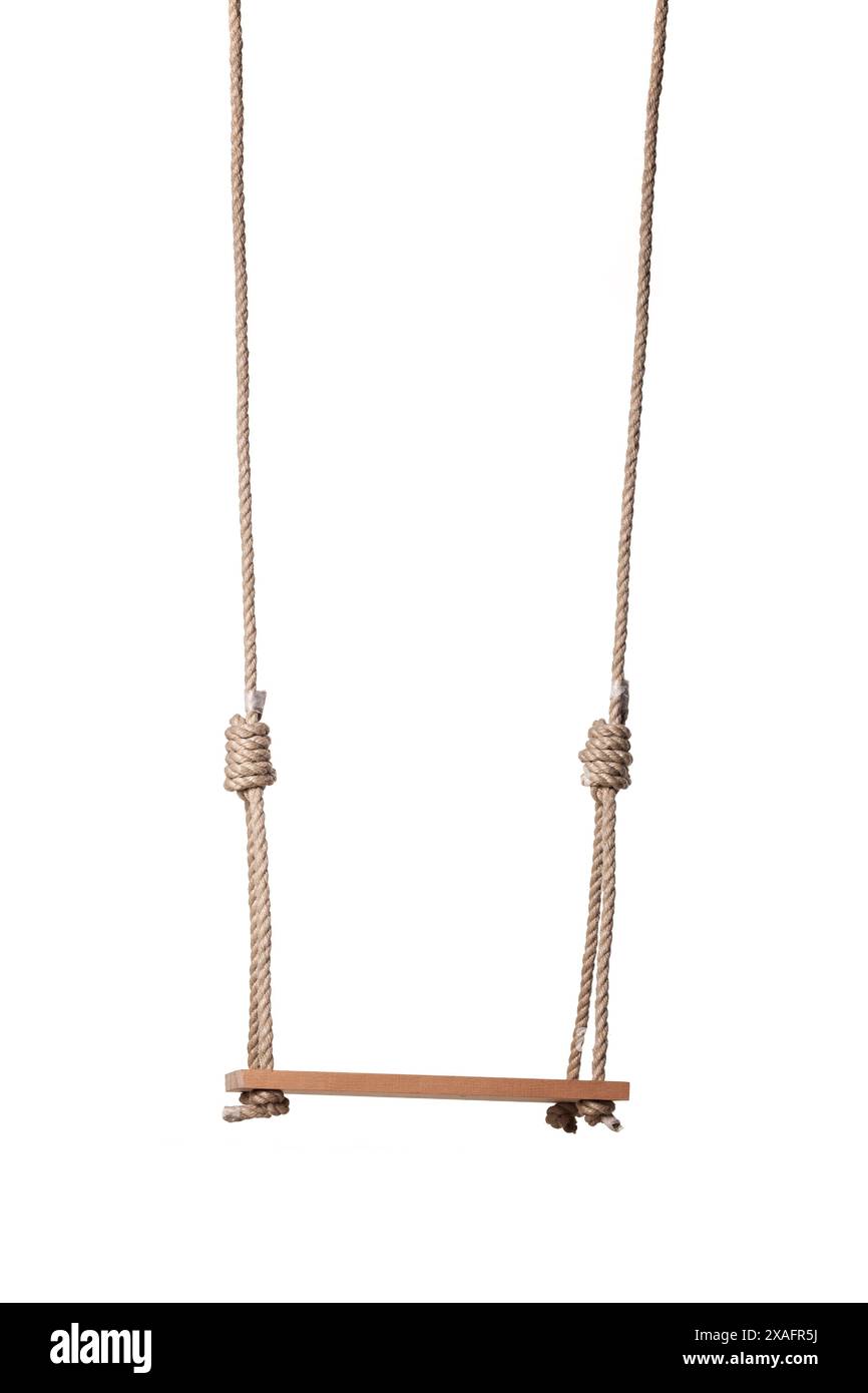 A close-up of a wooden swing with rope on a plain white background ...