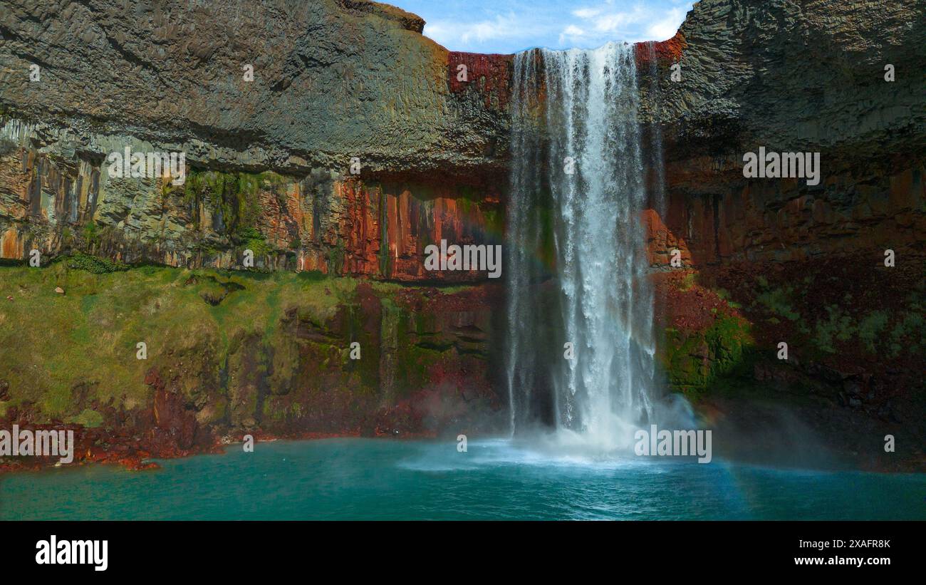 Aerial view of Salto del Agrio, imposing waterfall over the Agrio River ...