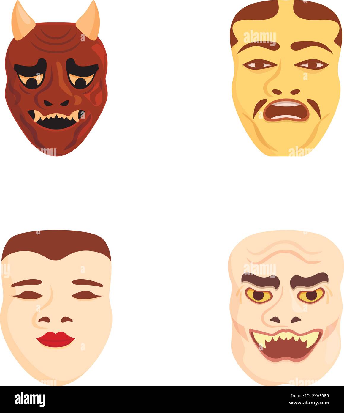 Set of four diverse theater masks representing different emotions and ...