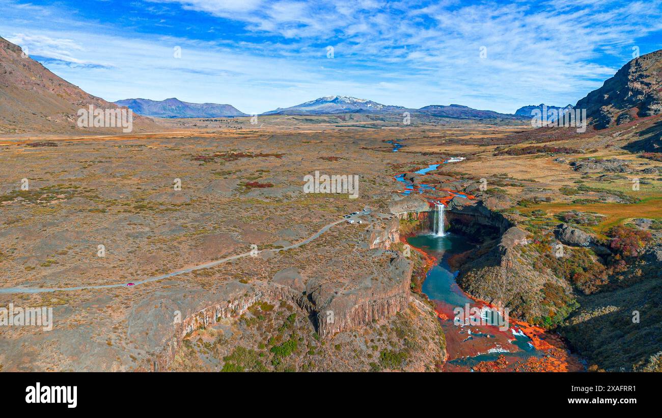 Aerial view of Salto del Agrio, imposing waterfall over the Agrio River ...