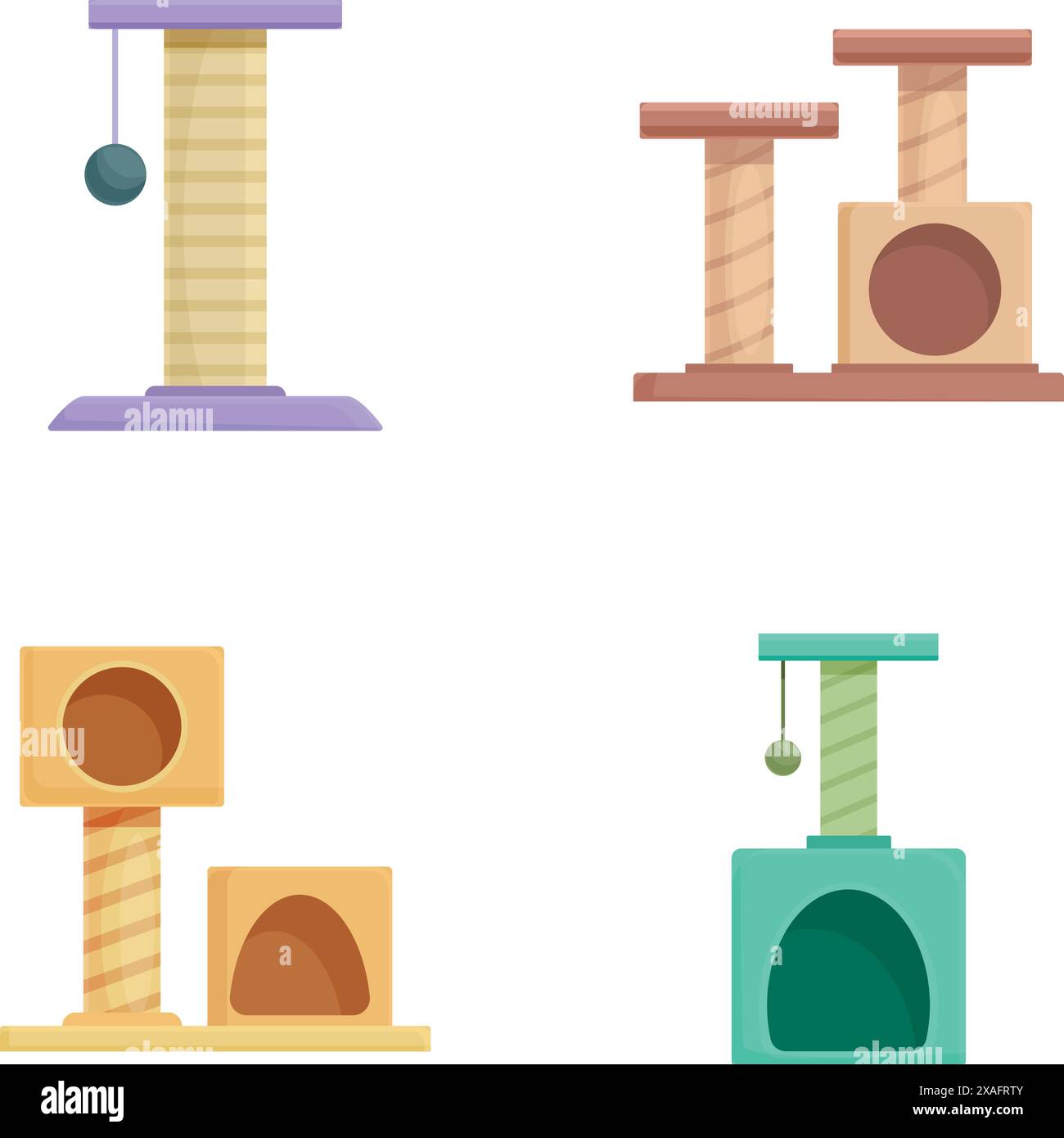 Set of four stylish and colorful cat scratching posts isolated on a ...