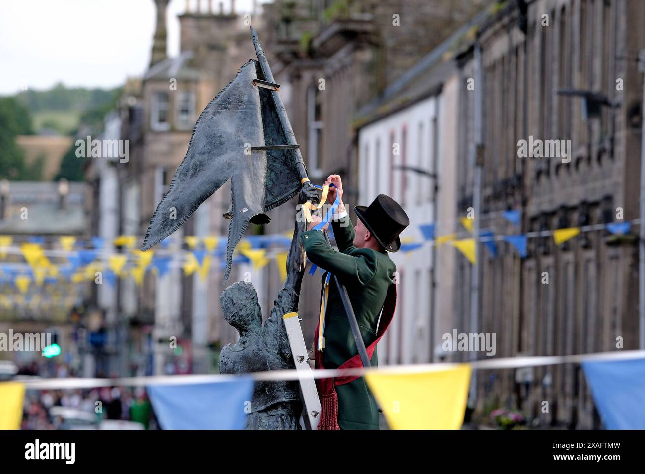 Hawick, UK, 06th June 2024: Cornet Ryan Nichol wearing his red sash and ...