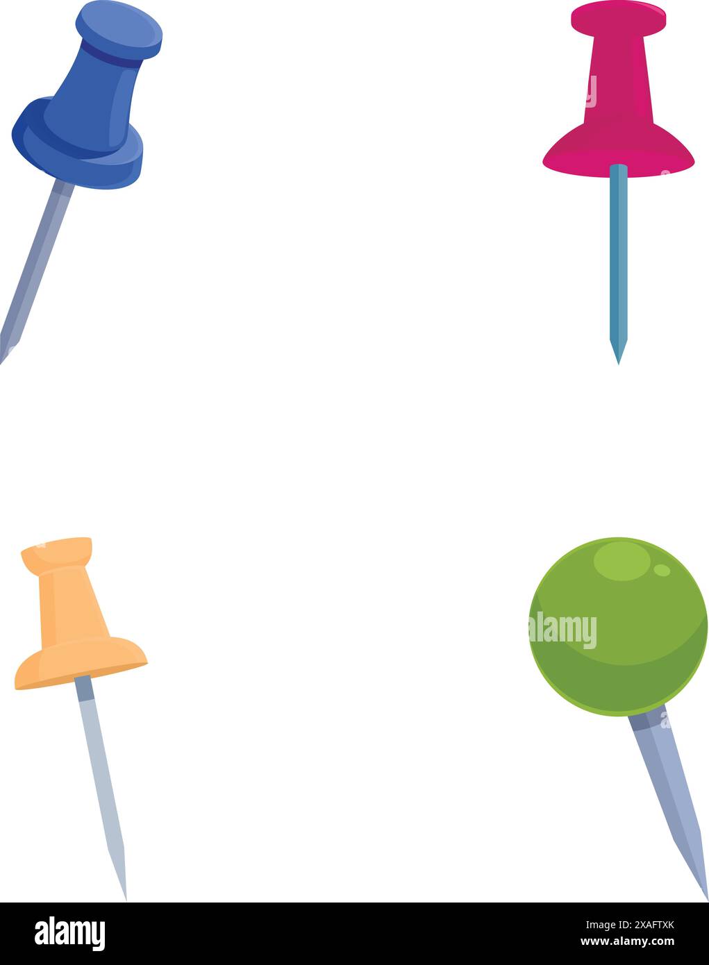 Collection of four cartoonstyle push pins in different colors for ...