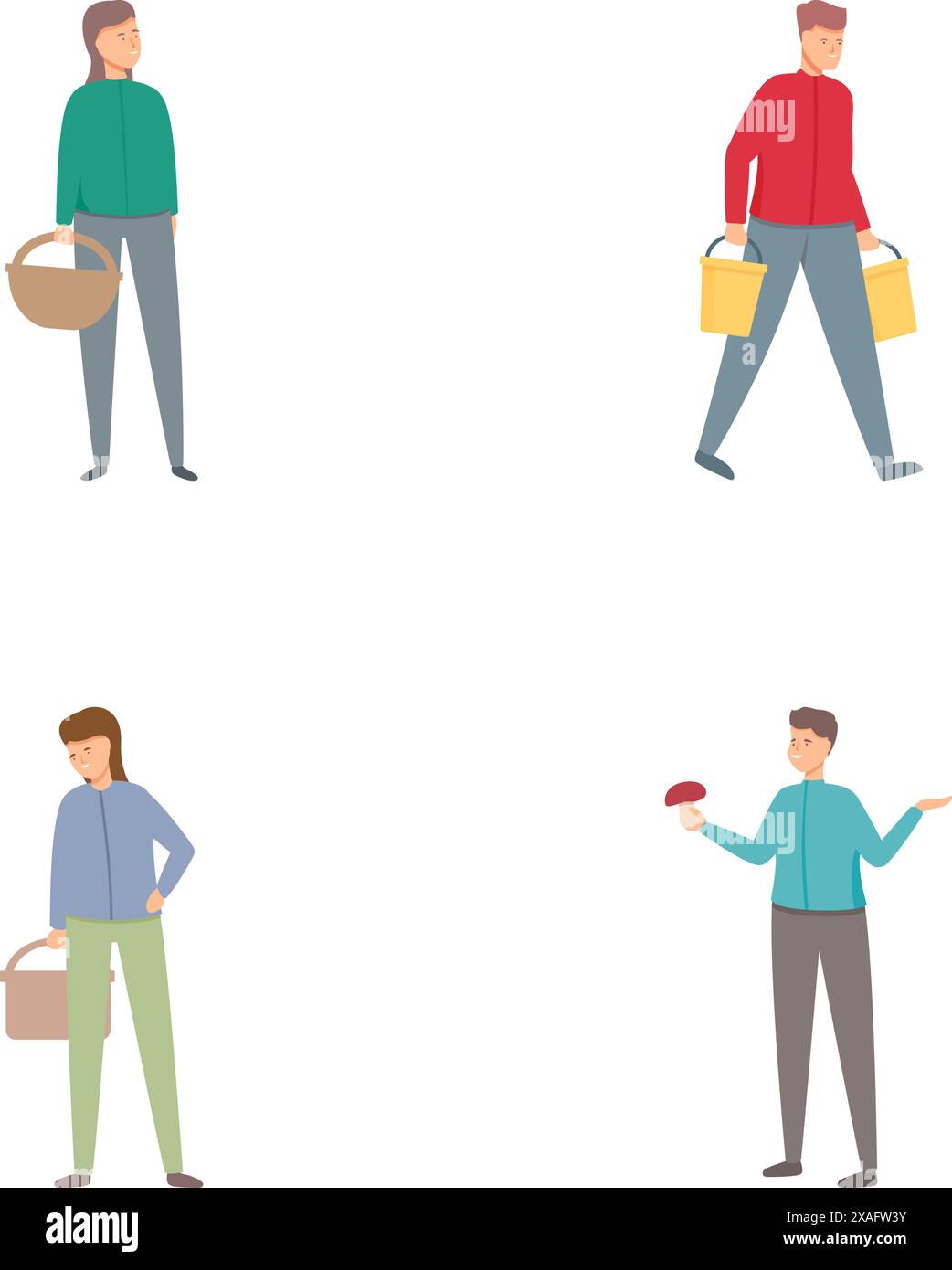 Illustration set of four cartoon characters carrying different items hi ...