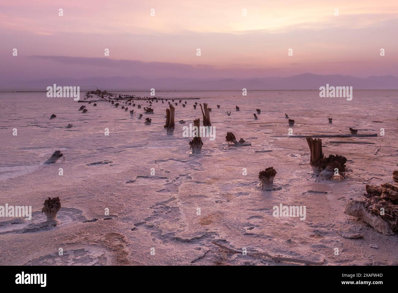 Ruins of salt mines bridge on Karum white salt lake surface, Danakil ...