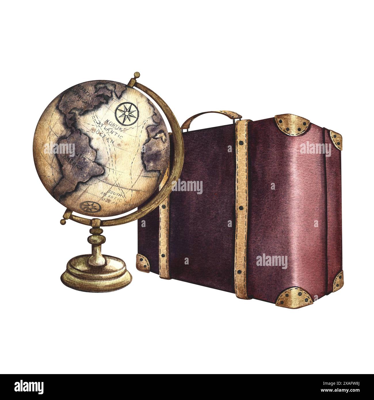A vintage suitcase and a globe. Travel around the world. A hand-drawn ...
