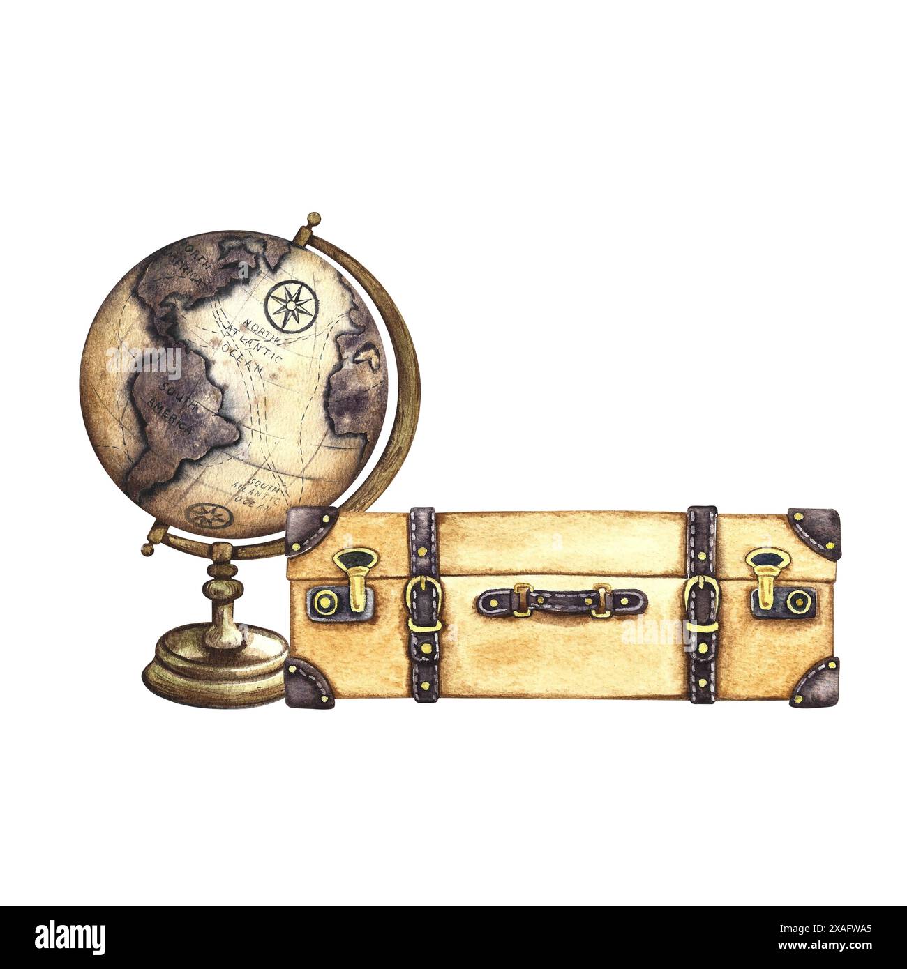 A vintage suitcase and a globe. Travel around the world. A hand-drawn ...