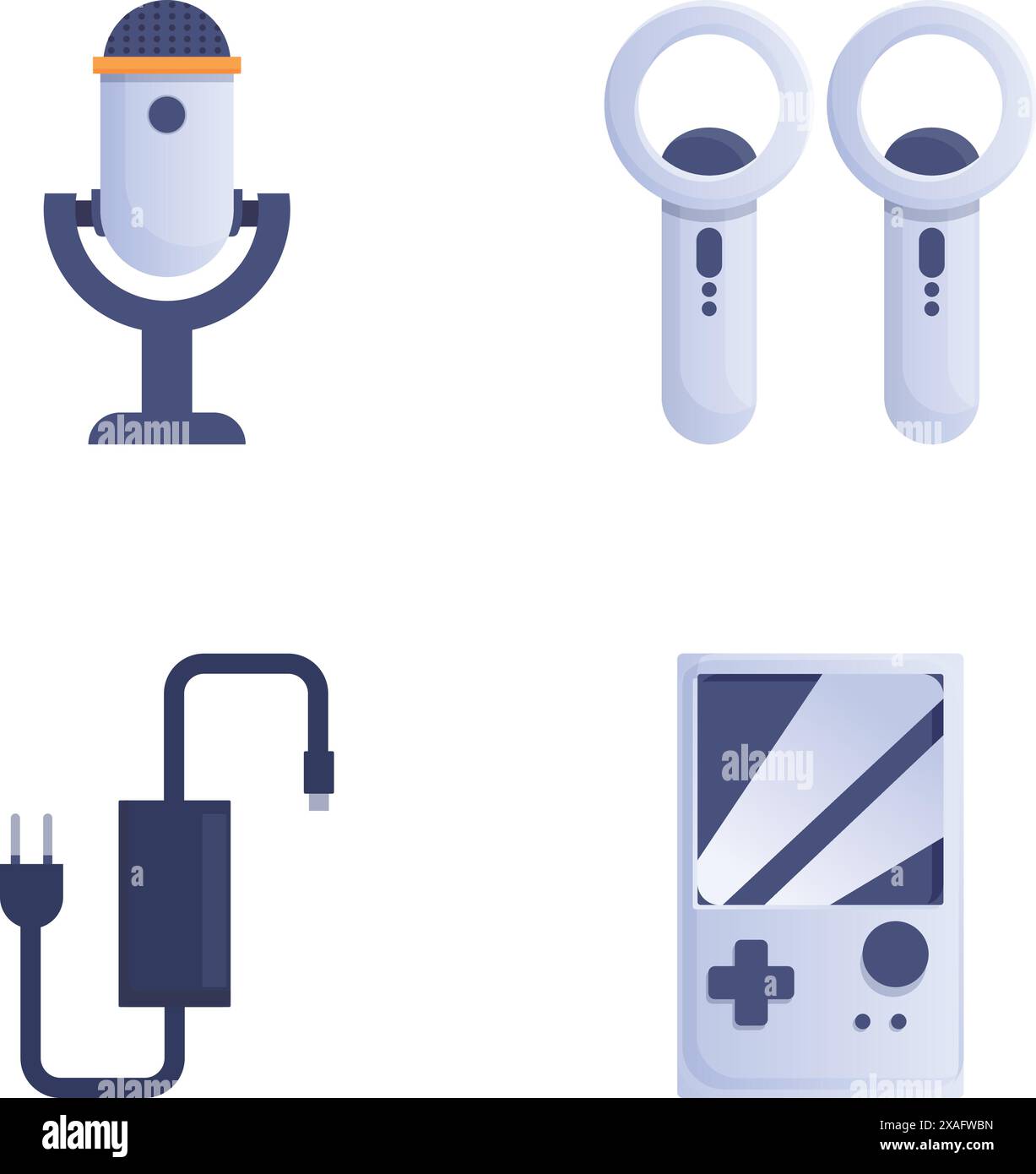 Collection of vector icons depicting a microphone, scissors, cable, and ...
