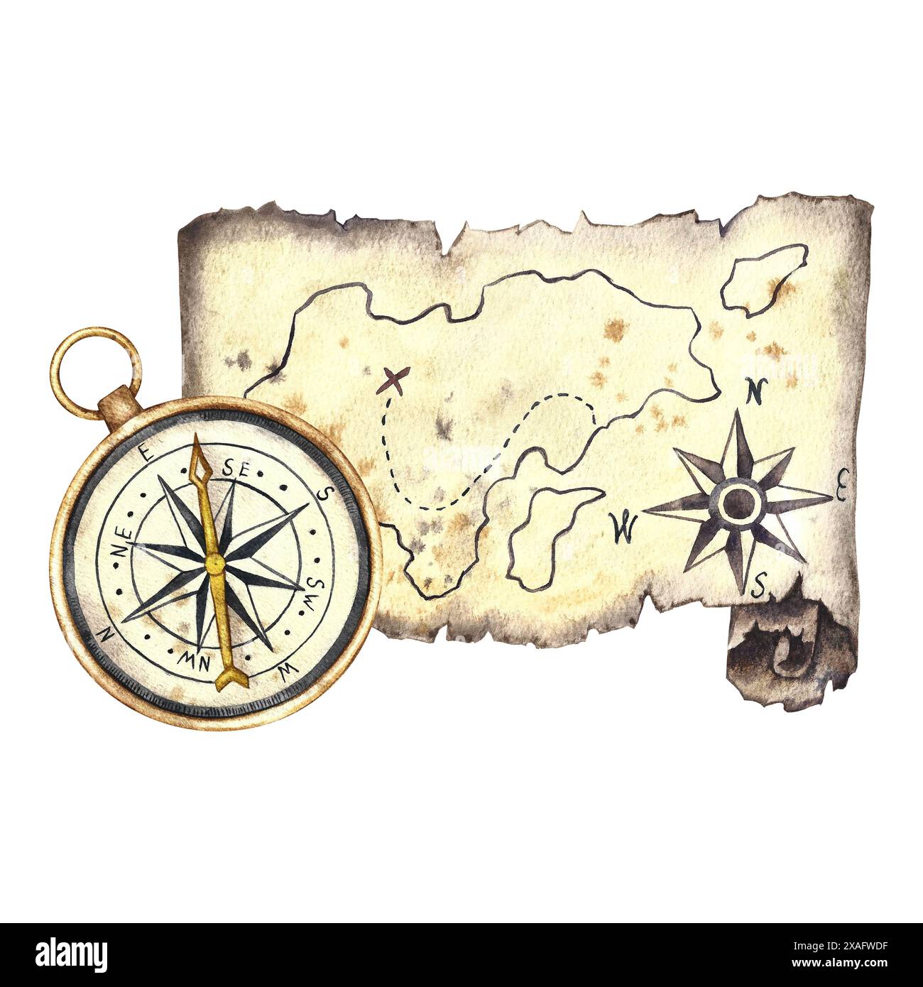 Treasure island. Antique compass and vintage map of the island ...