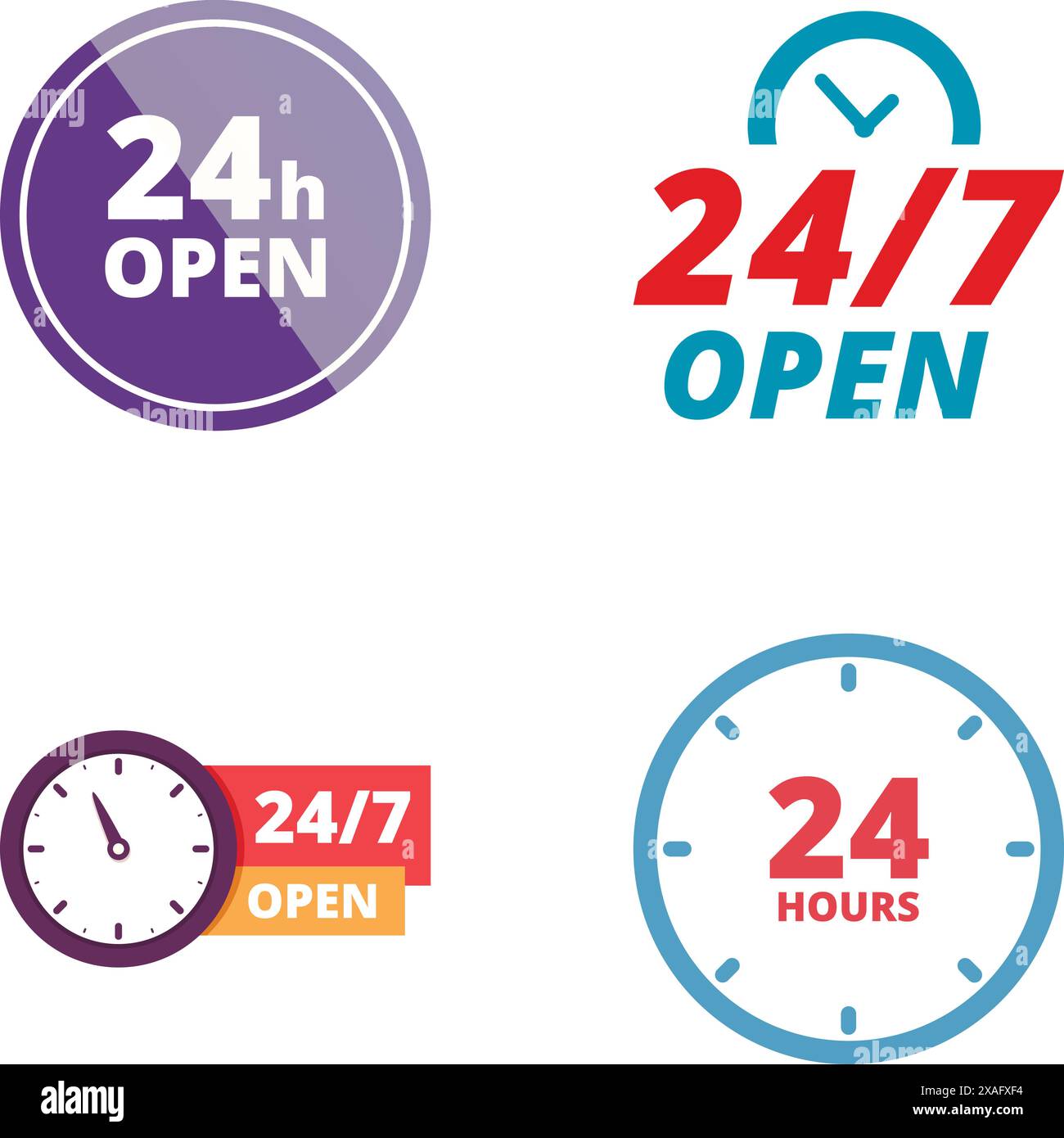 Four icons symbolizing 24hour nonstop services, suitable for businesses ...