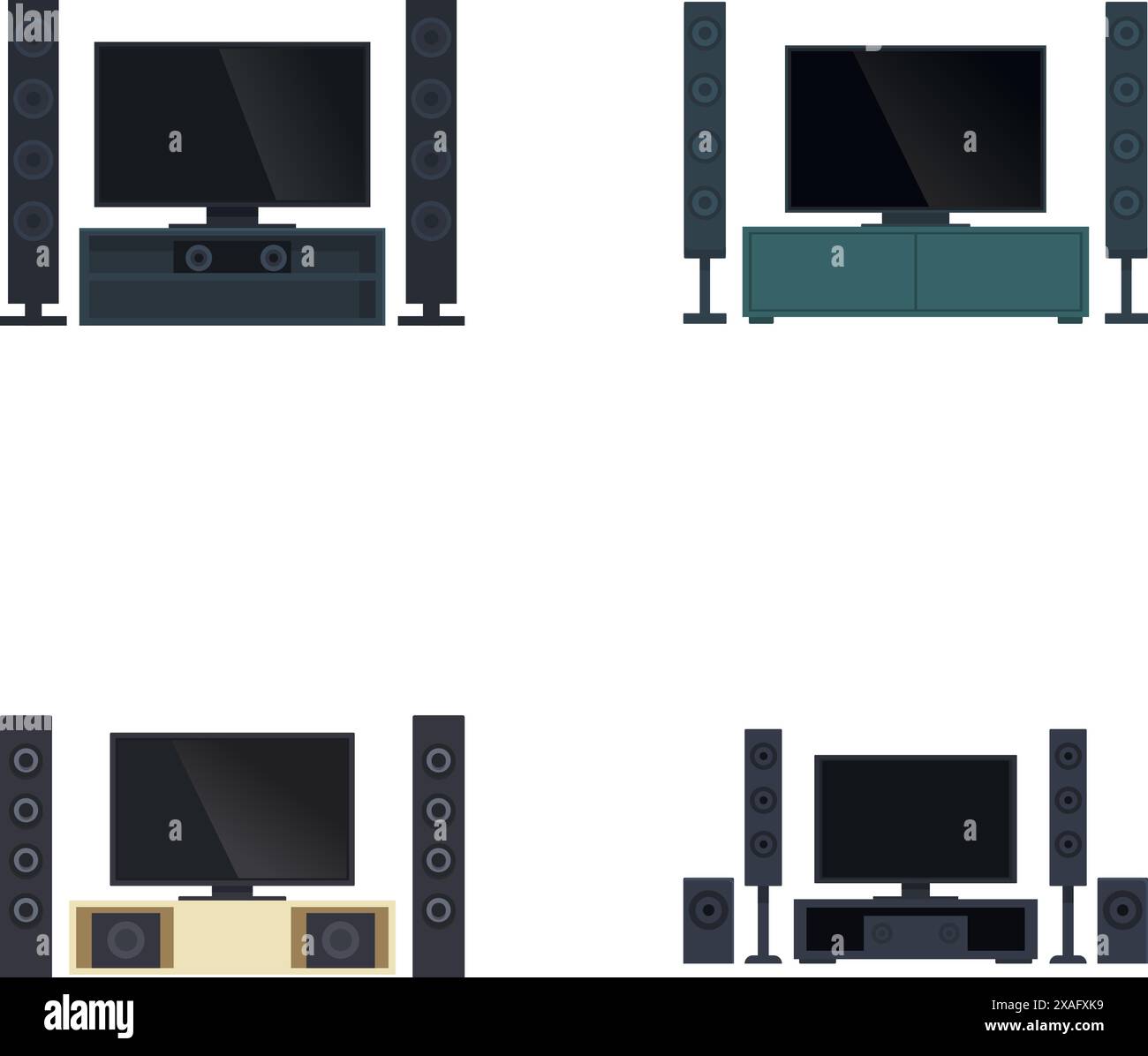 Set of four vector illustrations of home theater systems with various ...