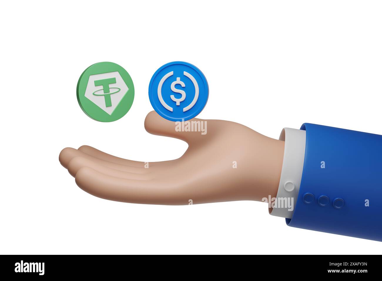 Cartoon hand holding Tether USDT and USDC coin isolated on white ...