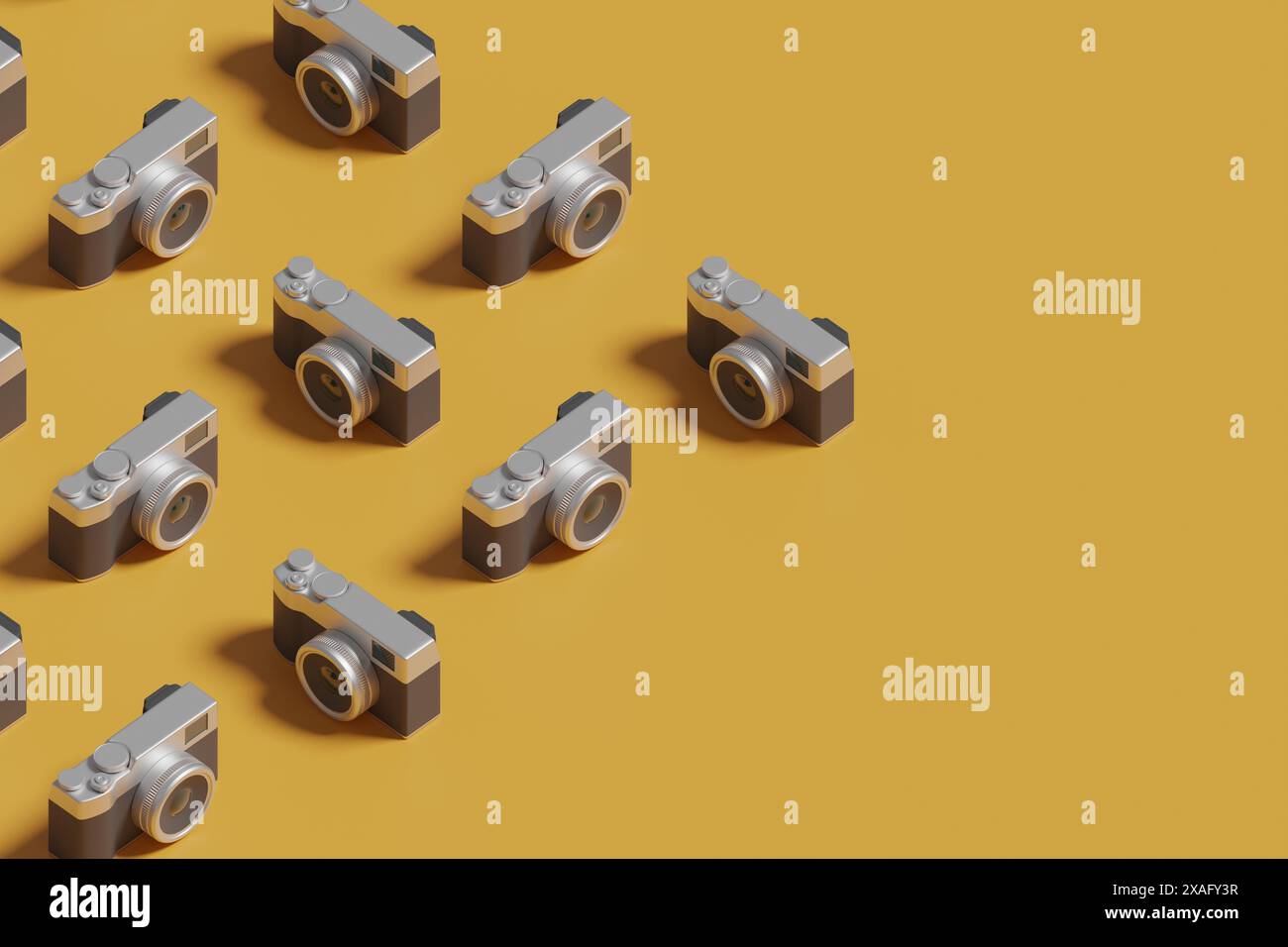 Isometric pattern of photo cameras on yellow background. 3d ...