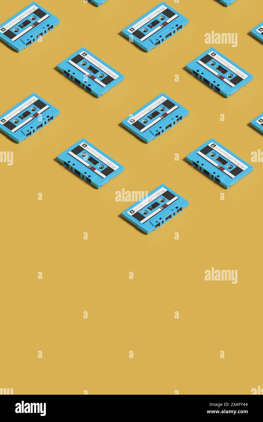 Isometric pattern of blue cassettes with copy space. 3d illustration ...
