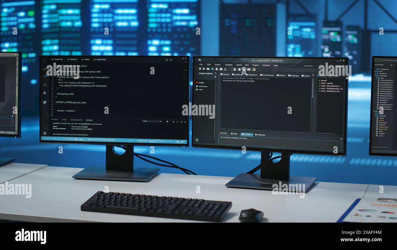 Lines Of Code Running On Computer Screens In Data Center Used For Troubleshooting Rackmounts In