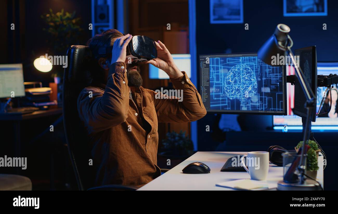 Computer scientist wearing VR glasses panicking after AI gains ...