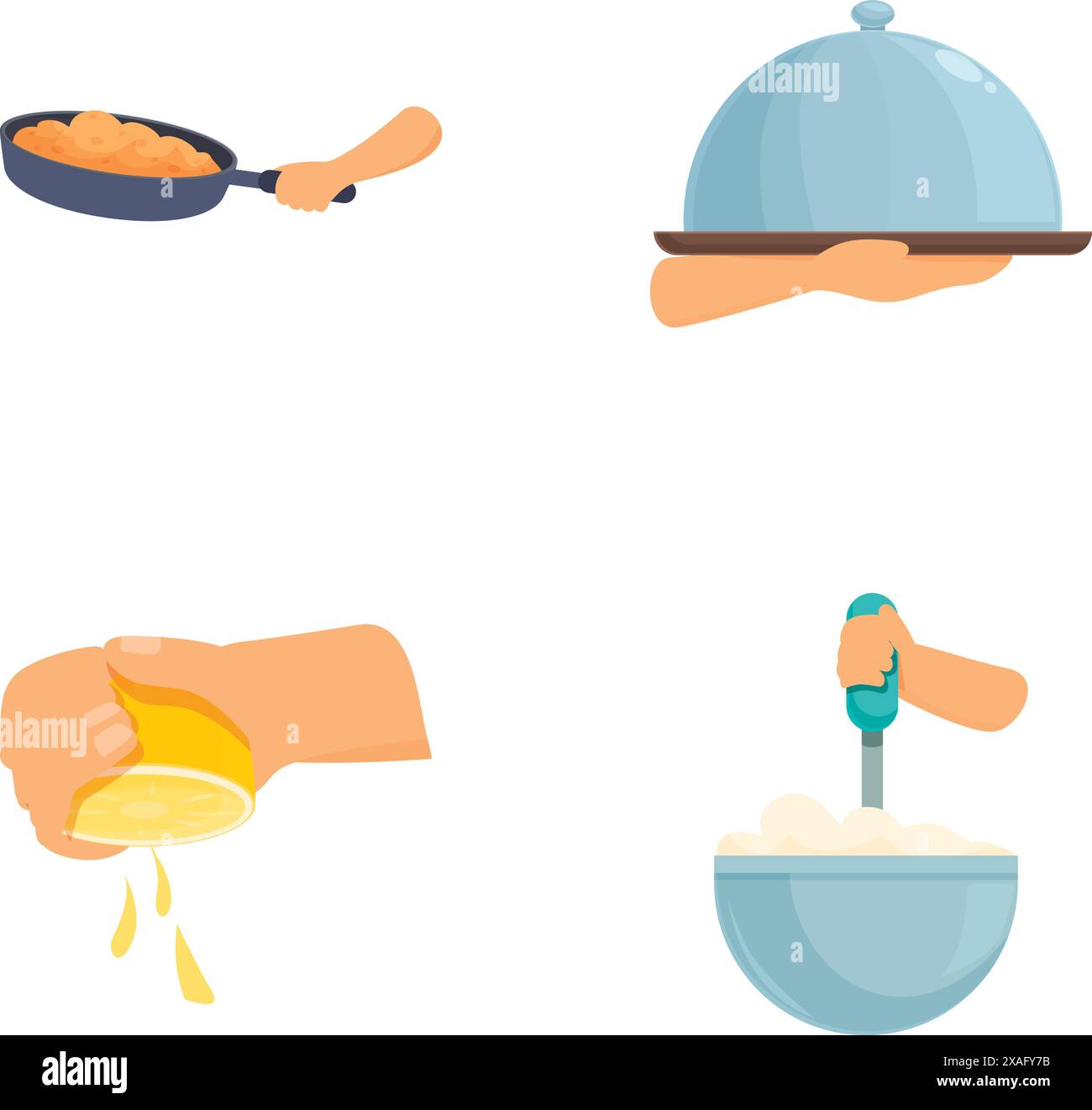 Collection of four colorful food preparation and serving vector icons ...