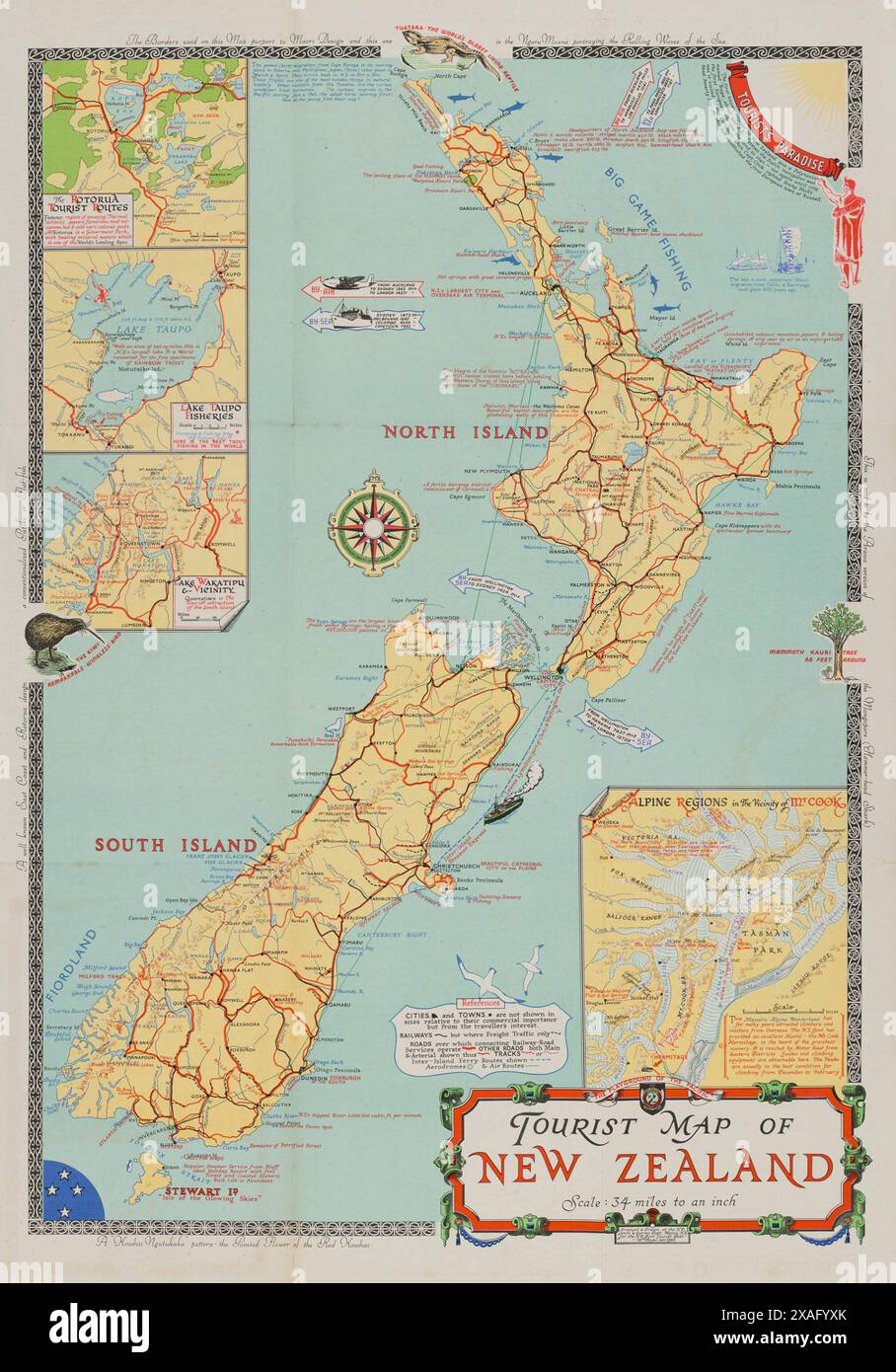 Vintage Tourist Map of New Zealand. 1946 Stock Photo - Alamy