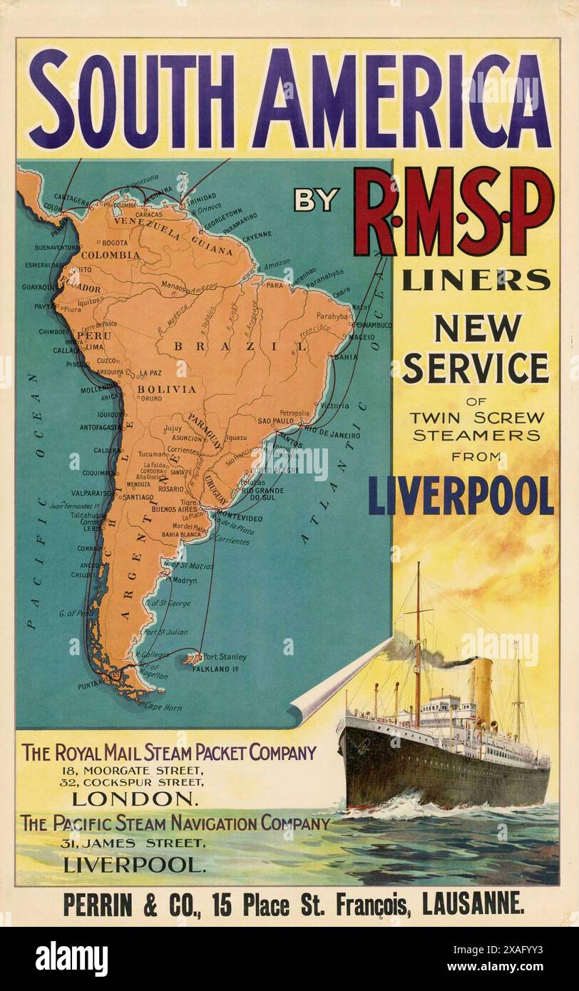 Vintage Travel Poster, South America by RMSP Liners Cruise ship ...