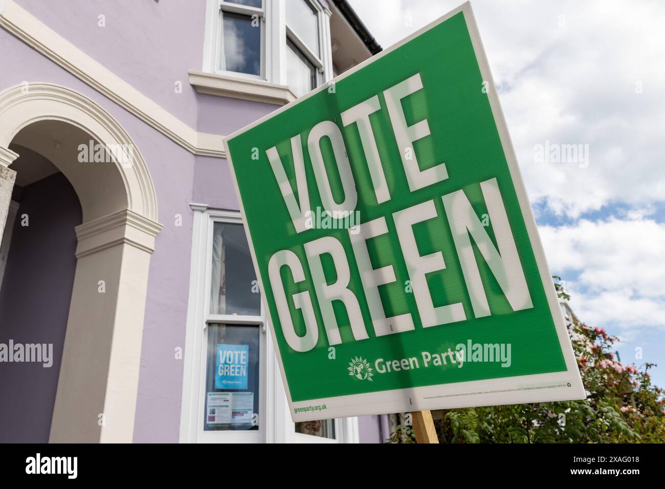 Brighton, UK. 5th June, 2024. A Vote Green placard is displayed outside ...