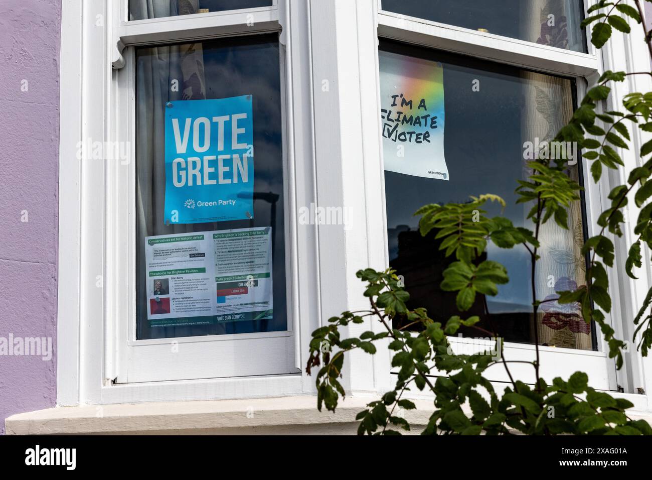 Brighton, UK. 5th June, 2024. A Vote Green poster is pictured in the ...