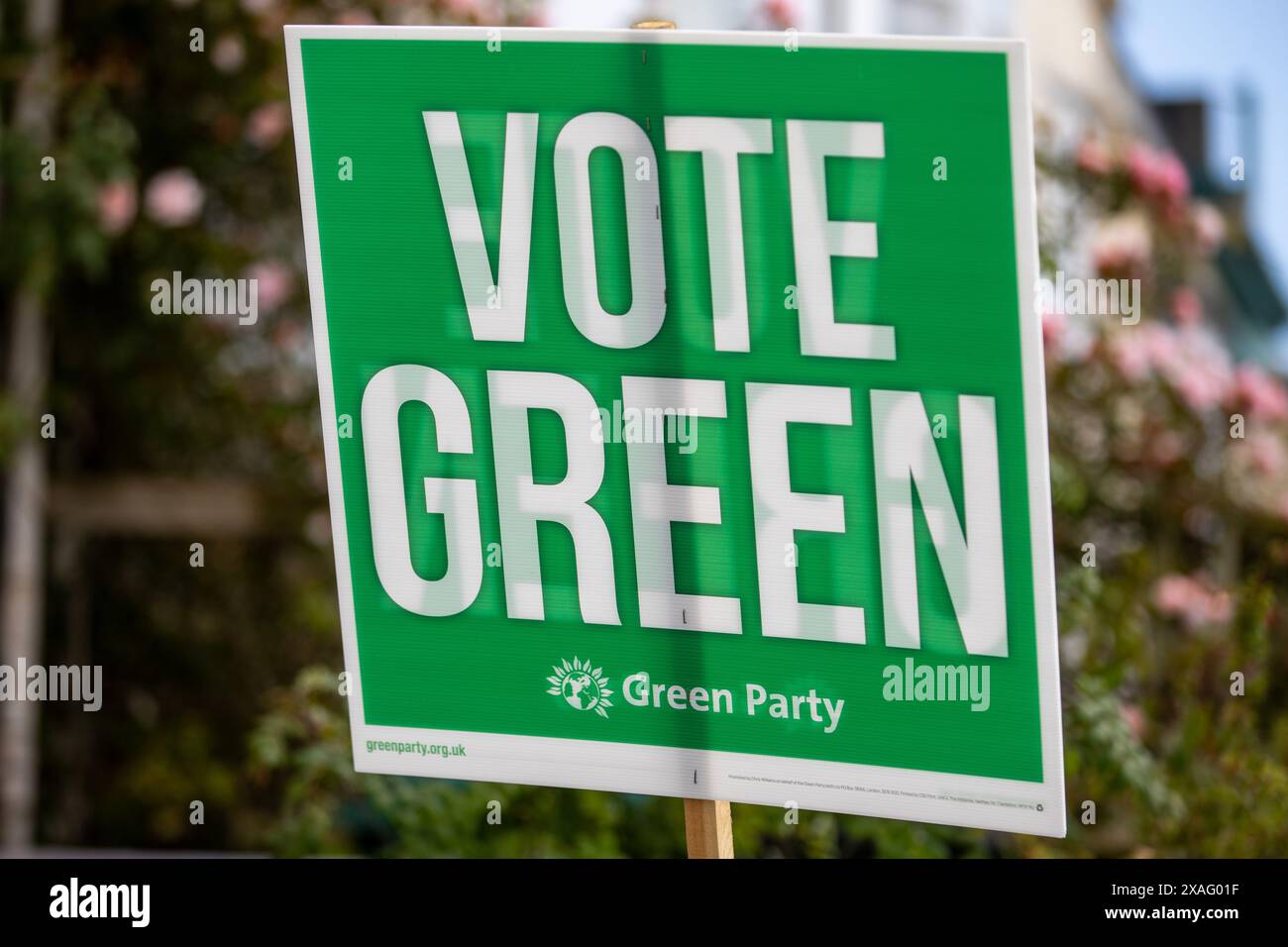 Brighton, UK. 5th June, 2024. A Vote Green placard is displayed outside ...