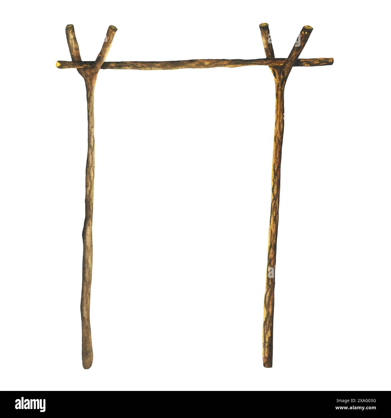 Watercolor campfire cooking pot. Sticks with knots for hanging the ...