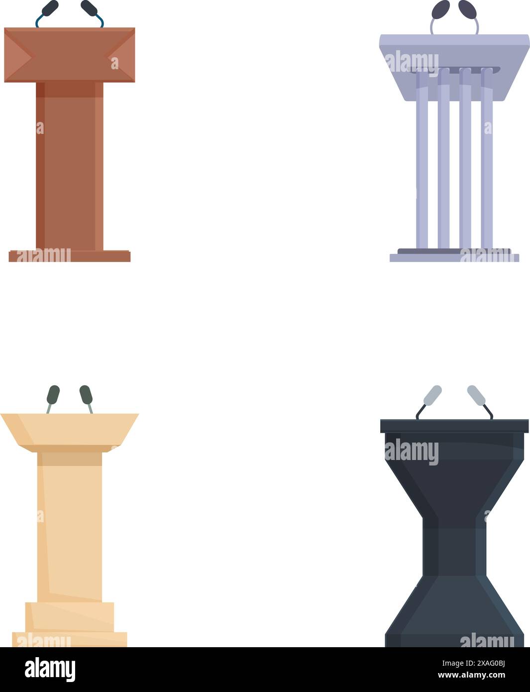 Collection of four diverse podiums with microphones isolated on a white ...