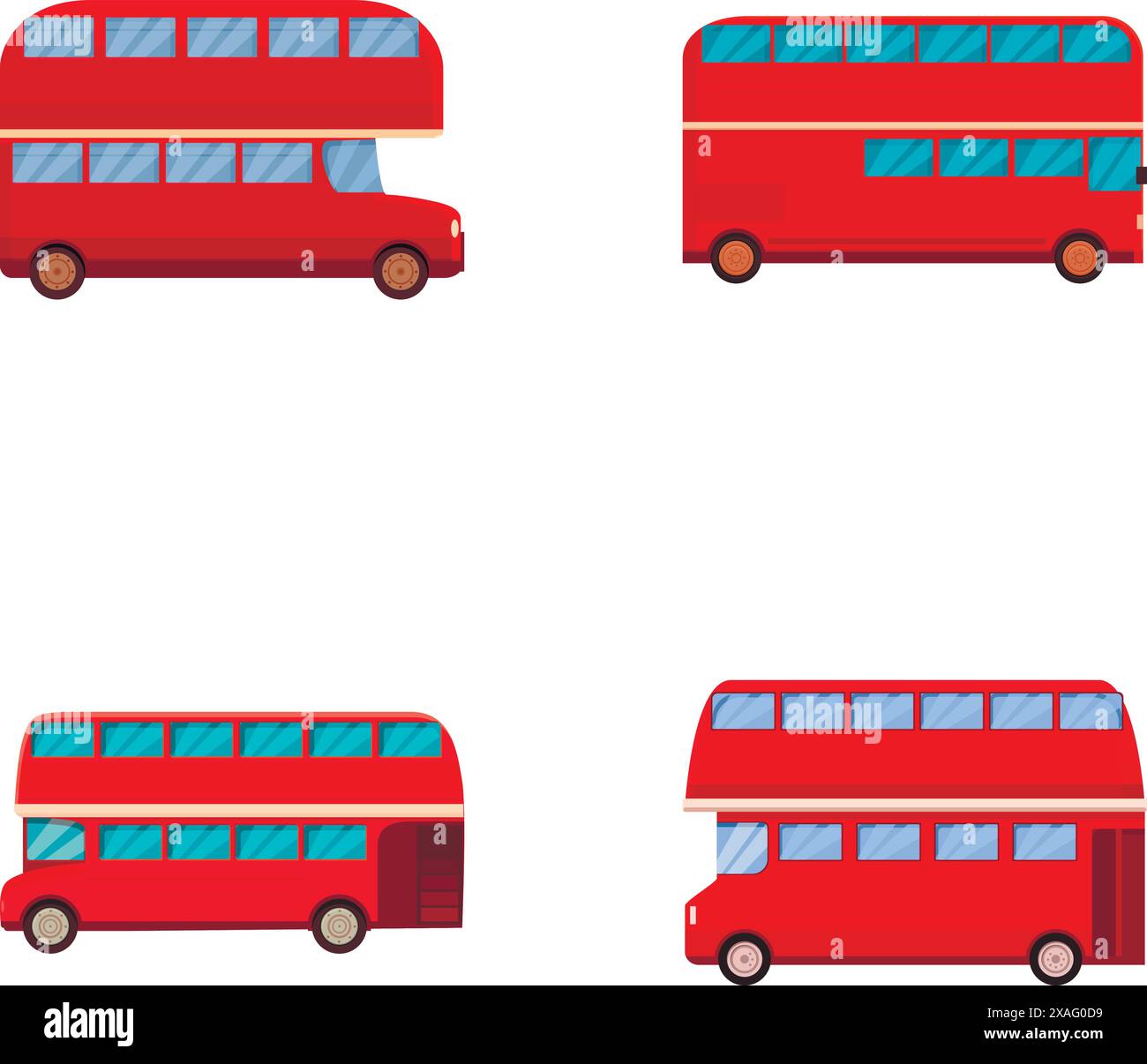 Collection of four colorful cartoonstyle doubledecker buses in various ...