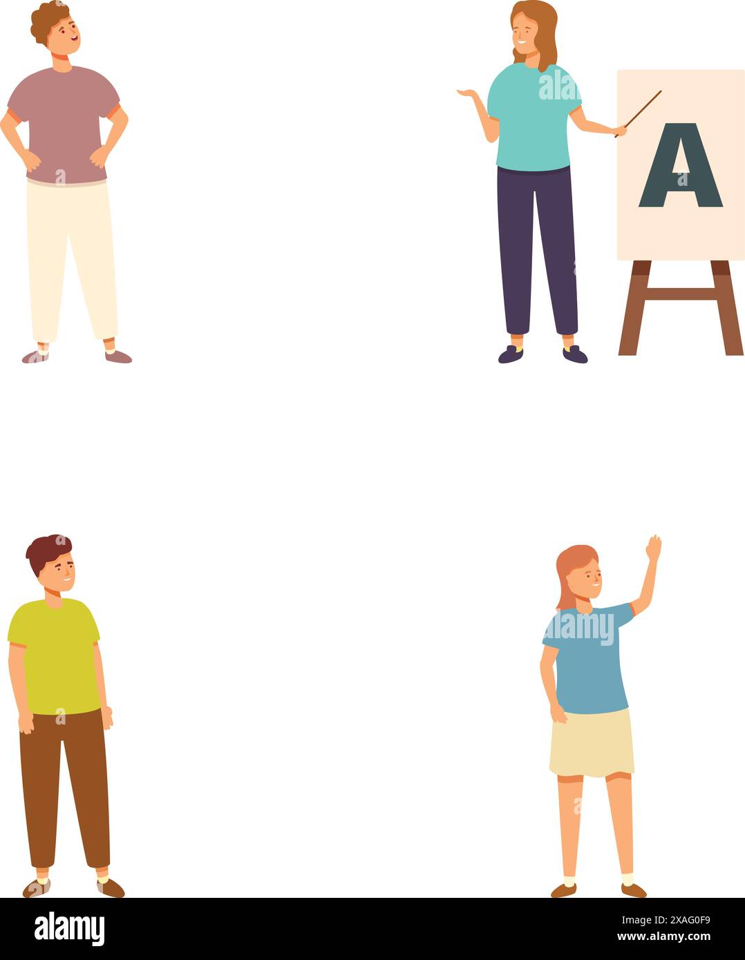 Collection of four cartoon characters engaging in different casual activities and gestures Stock ...